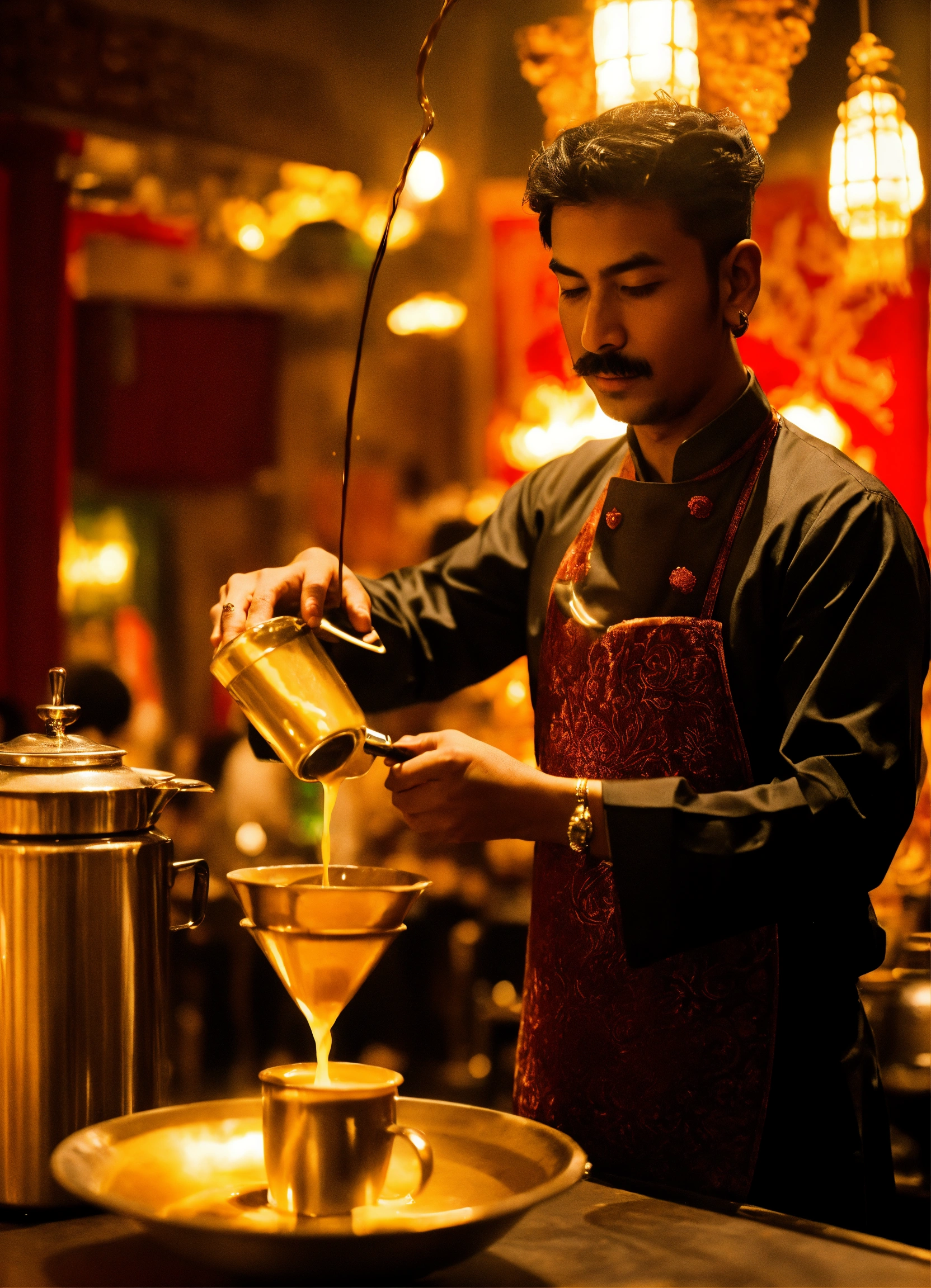Lexica - Chai master pouring Chai tea from one cup to another cup that ...