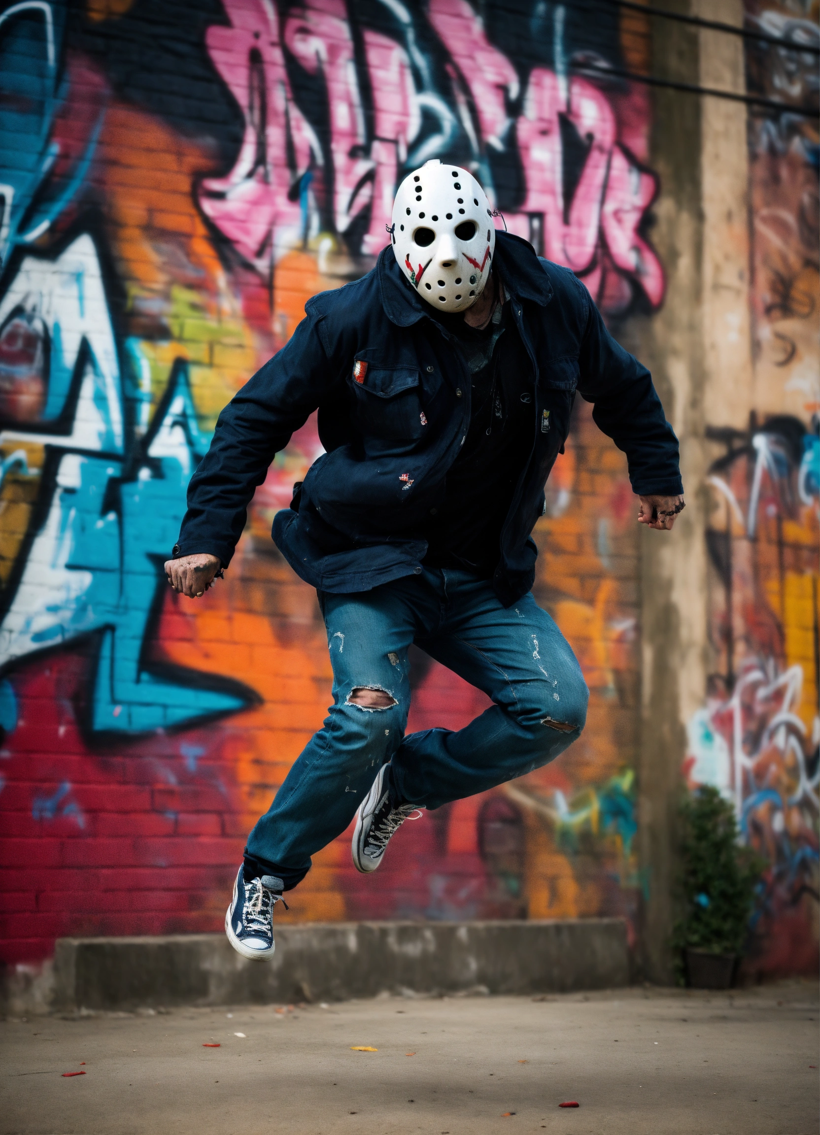 Lexica - Urban portrait of jason voorhees in mid-jump, graffiti walls ...