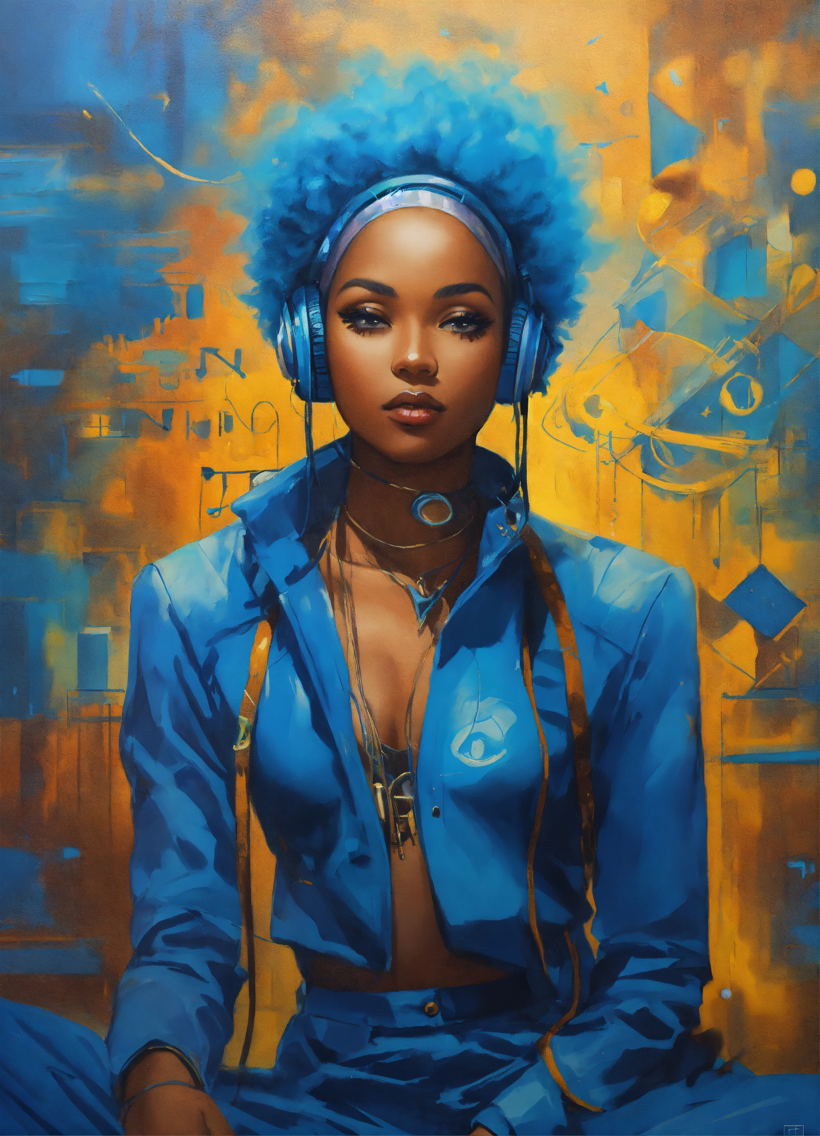 Lexica - A beautiful woman with blue hair and music notes, an airbrush ...