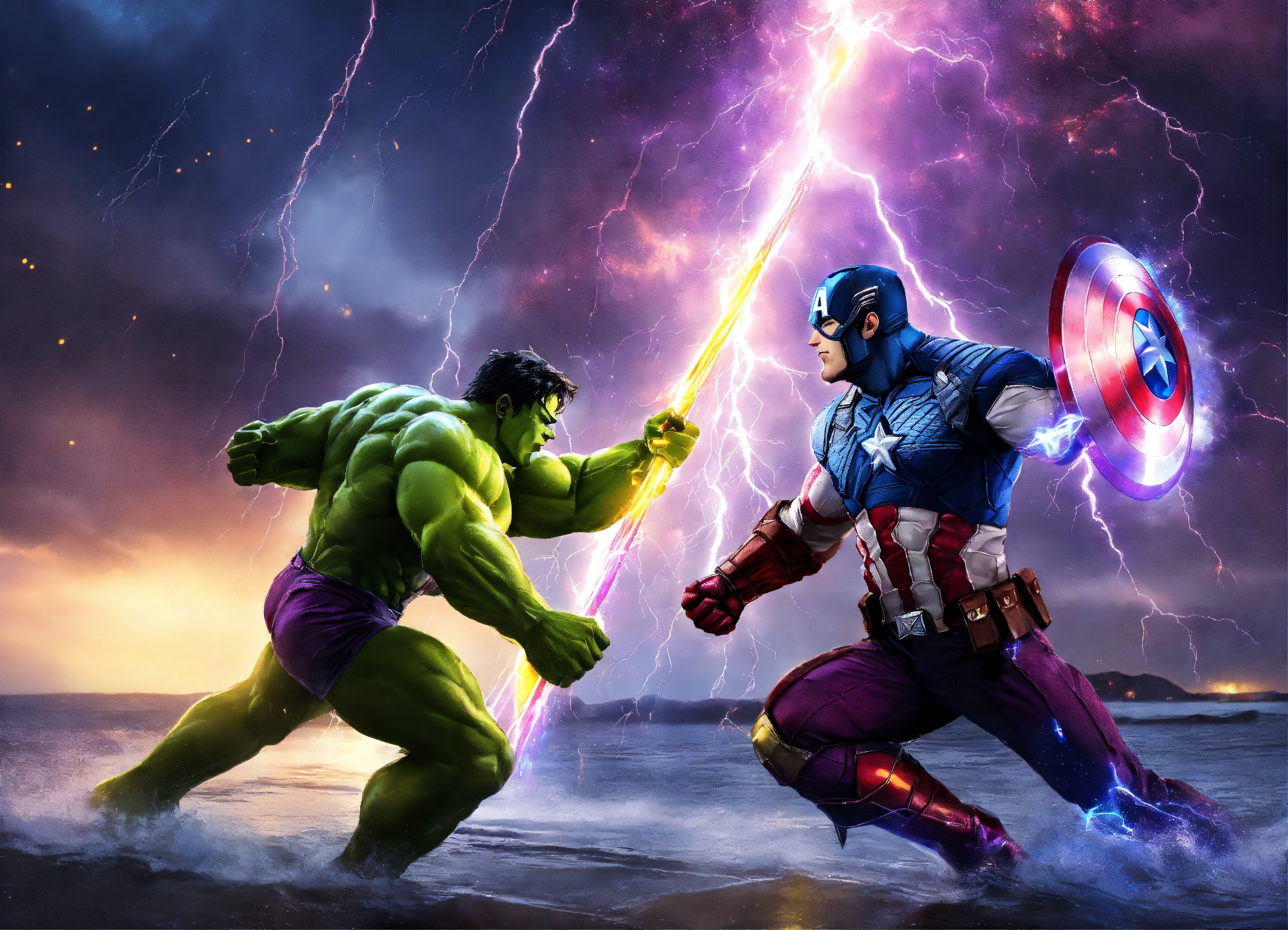 Lexica - Purple gold hulk vs glowing captain america god rainbow water ...