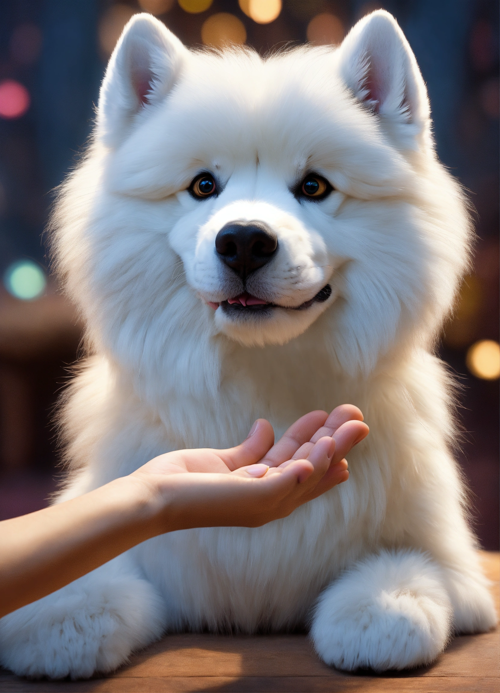 Lexica - A human palm touching the palm of a Samoyed dog's paw ...