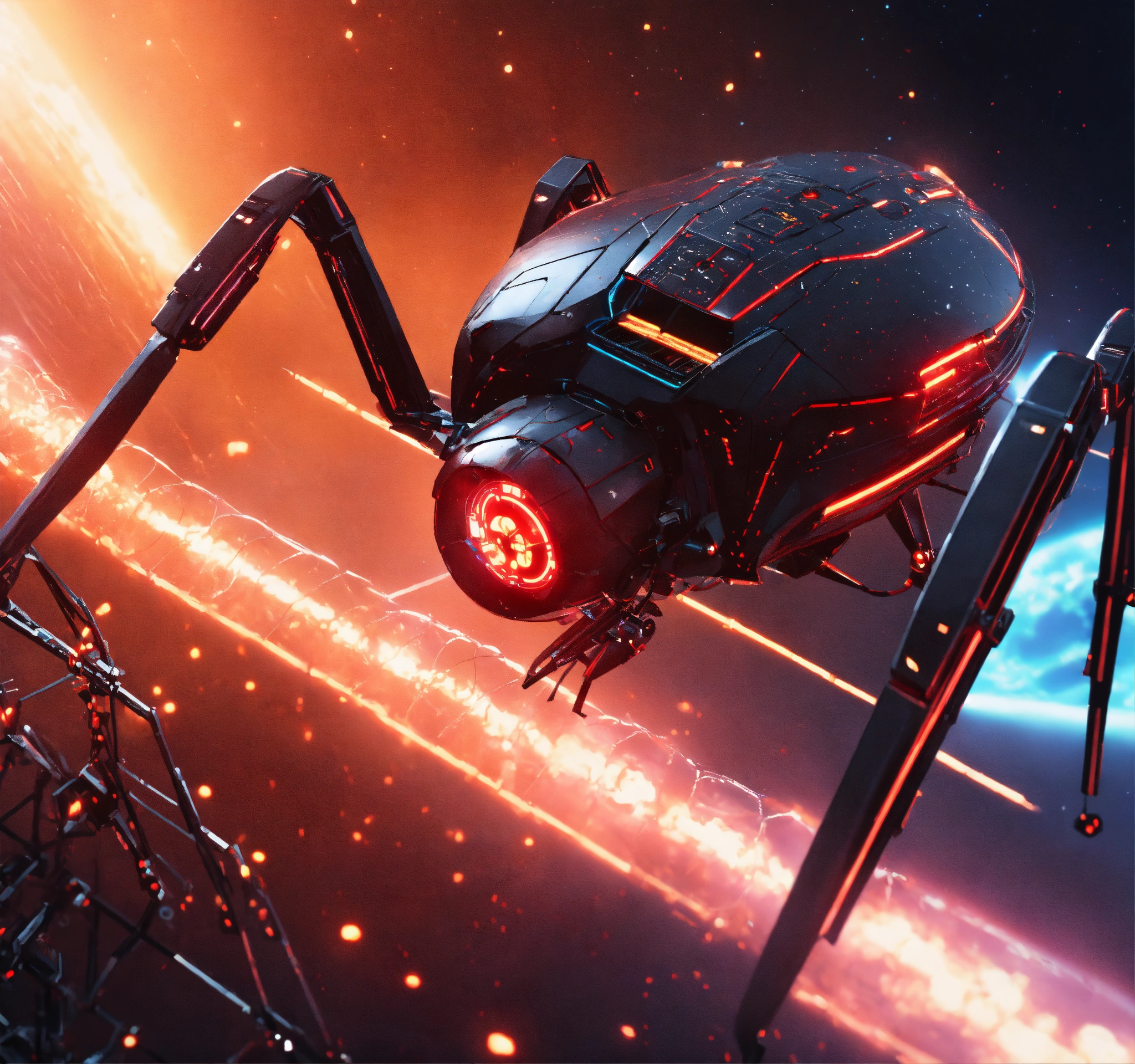 Lexica - Zoom out on a extra long black robotic black widow spider ...