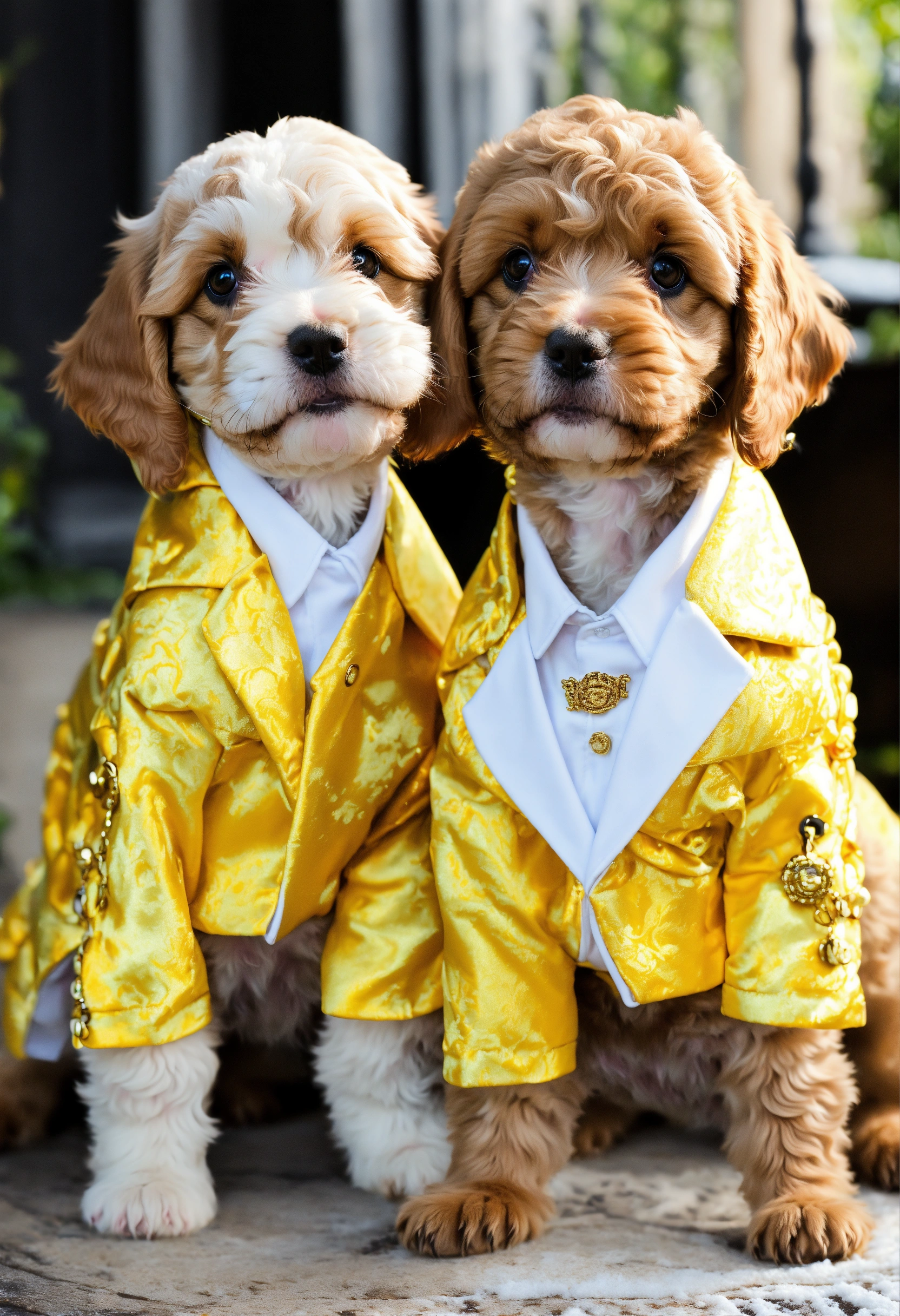 Lexica - 2 Cockapoo snow white puppies wear Versace suits.