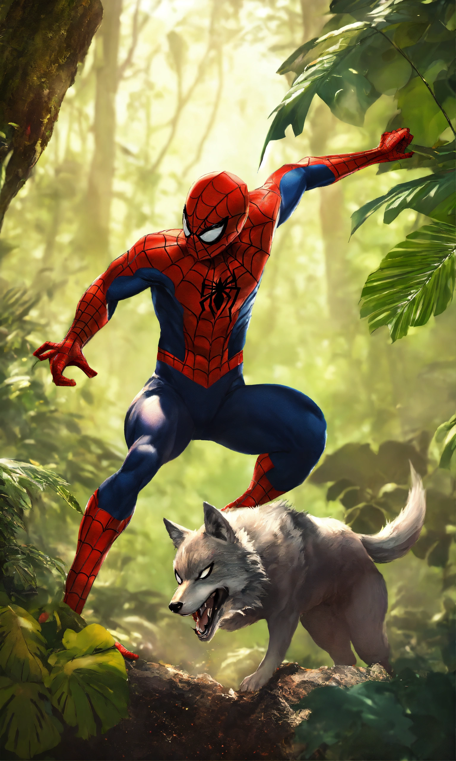 Lexica - Spiderman fighting with a wolf in the jungle, nature ...