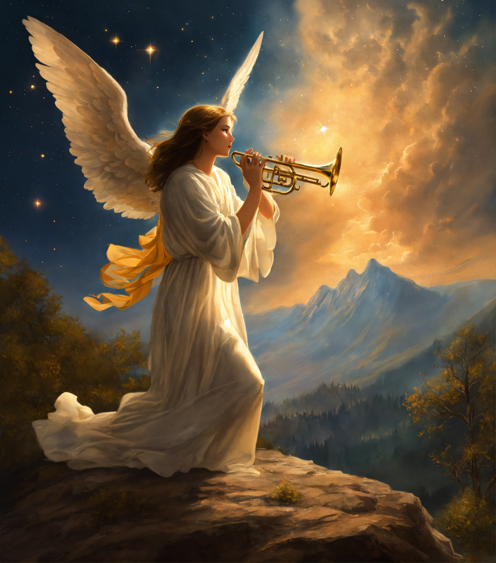 Lexica - Realistic drawing, angel on a mountain blowing a horn, in the ...