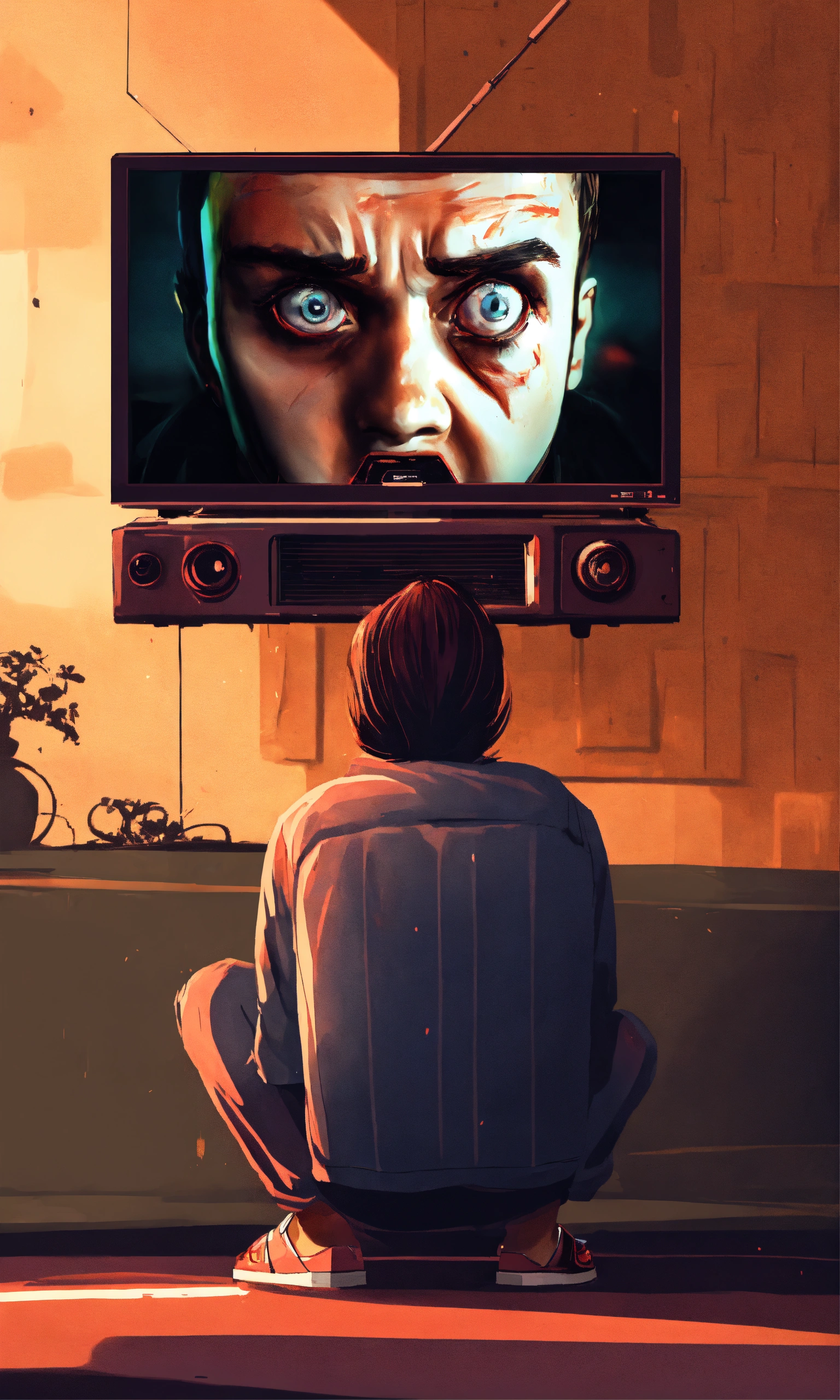 Lexica - A scared and angry person watching a TV with distressing ...