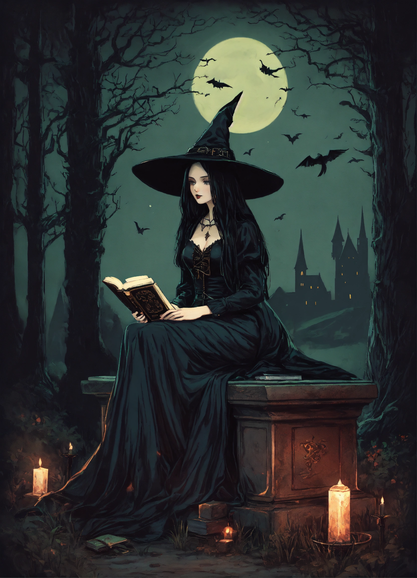 Lexica - Witch sitting on a grave reading a book, Vintage Gothic Dark ...