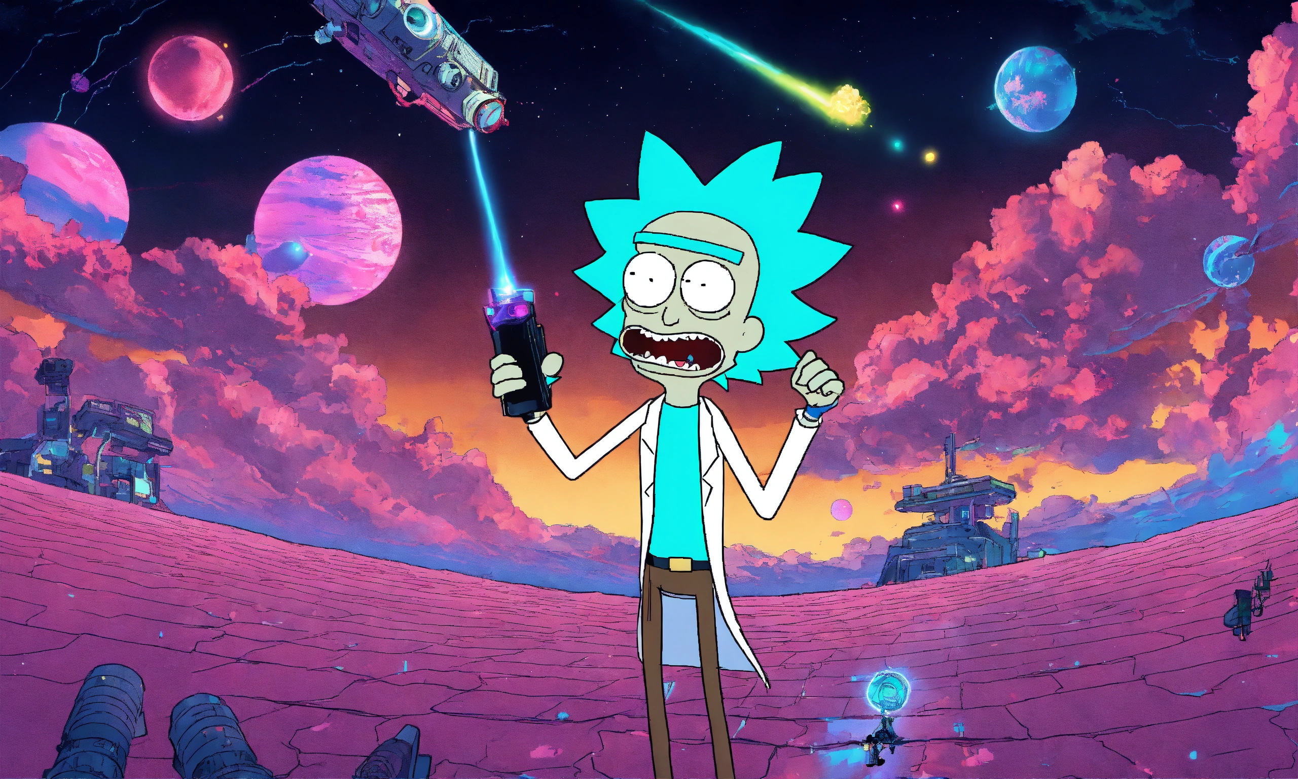 Lexica - Cyberpunk Rick Sanchez from Rick & Morty floating in the night ...