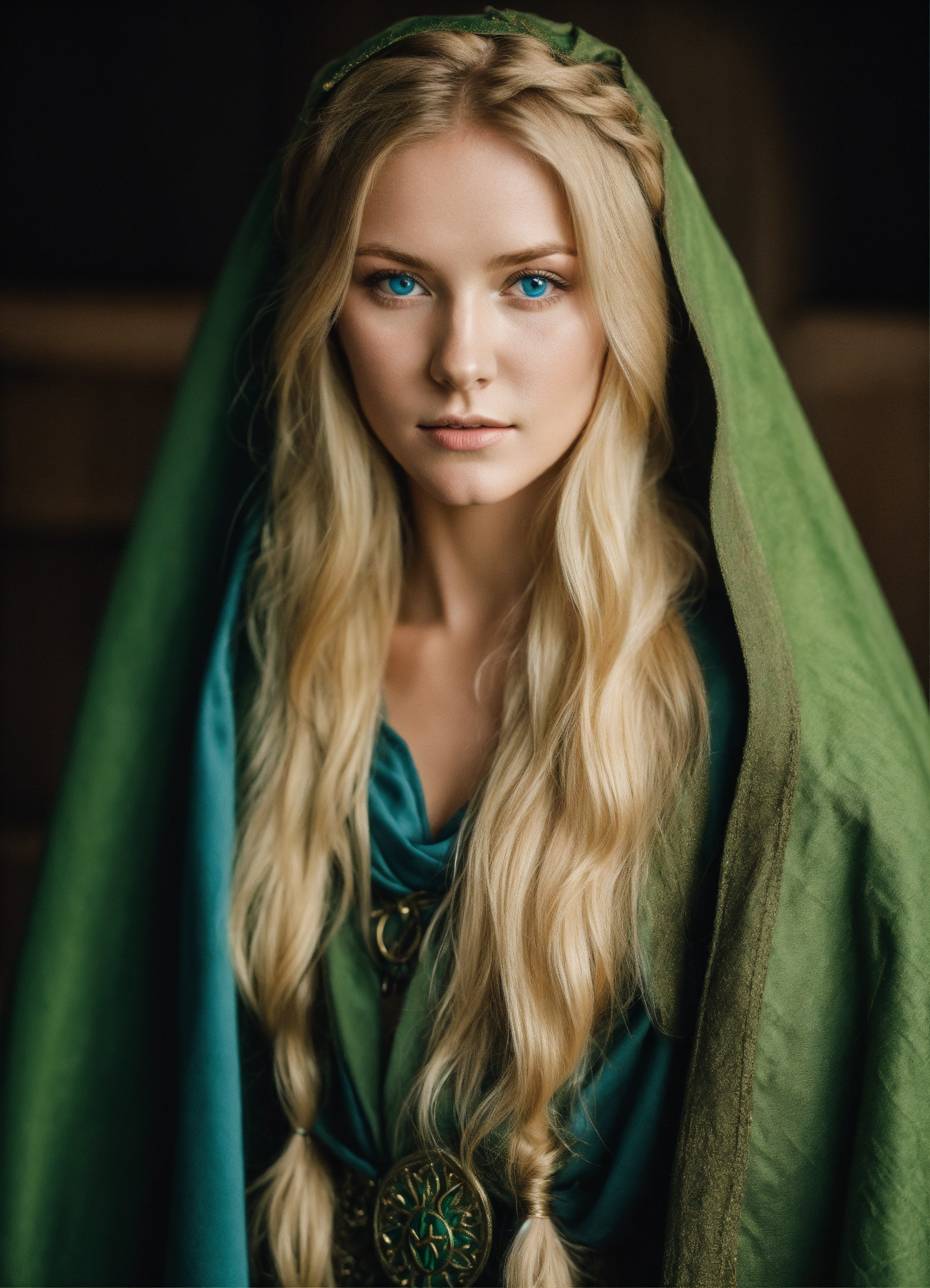 Lexica - Anglo saxon blonde woman with blue eyes and green cloak