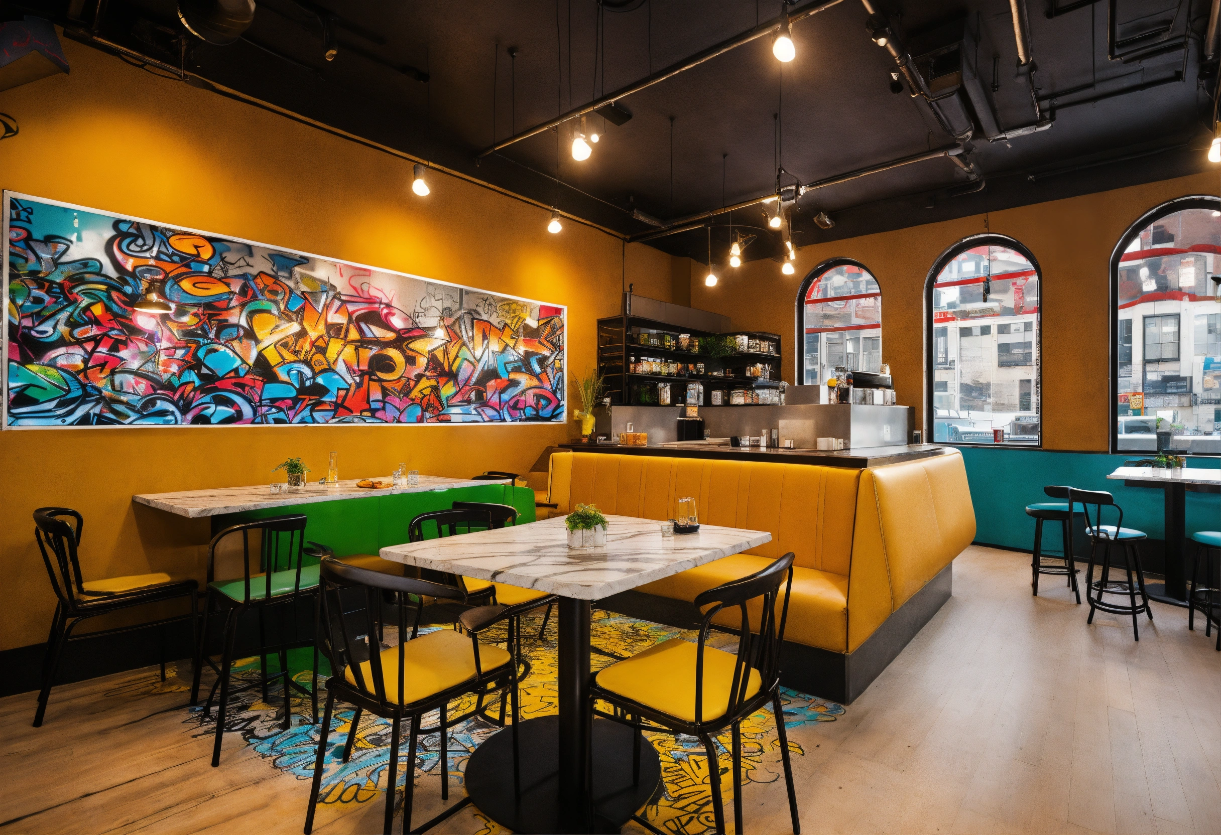 Lexica - Cafe interior design in modern hip-hop theme with graffiti's ...