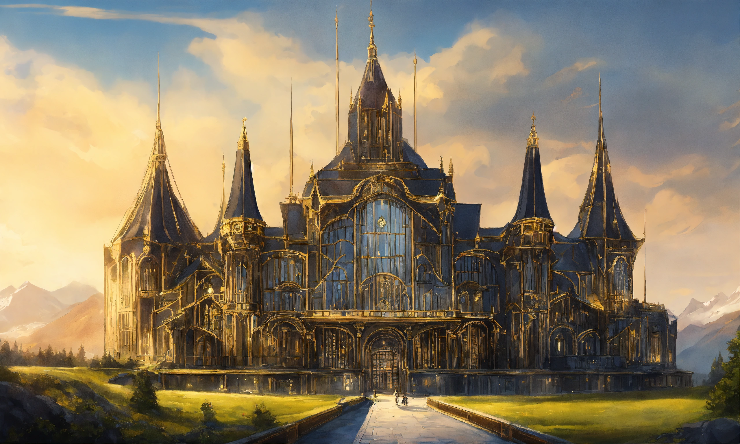 Lexica - Drawing of the full image of a massive black and gold elegant high elf sci fi palace in ...