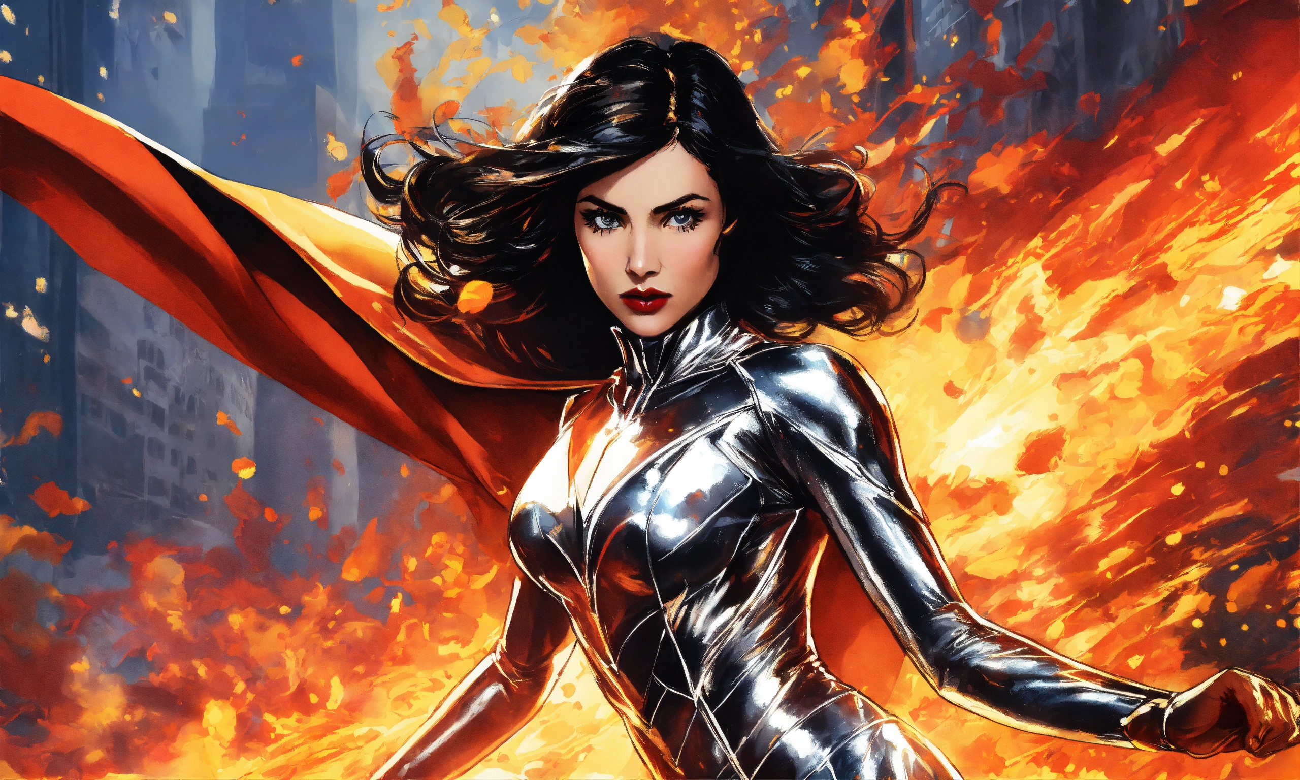 Lexica - Beautiful caped brunette female superhero, action pose, fiery ...