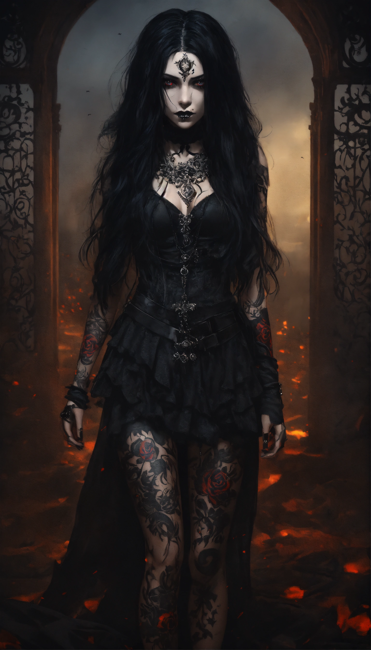 Lexica - A scary girl, full body, alabaster skin, long crazy black hair ...