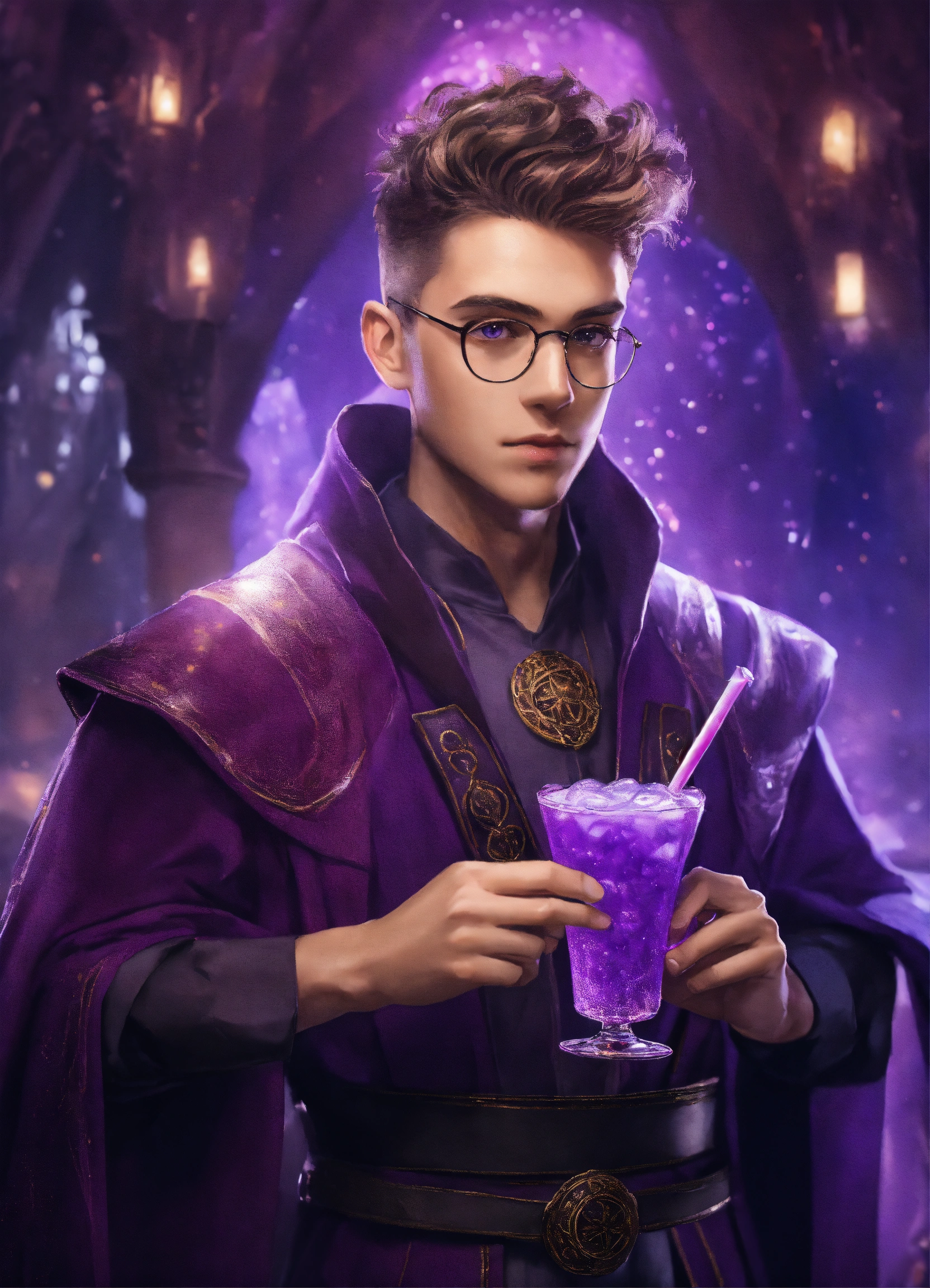 Lexica - Young wizard with with modern hairstyle holding a purple drink