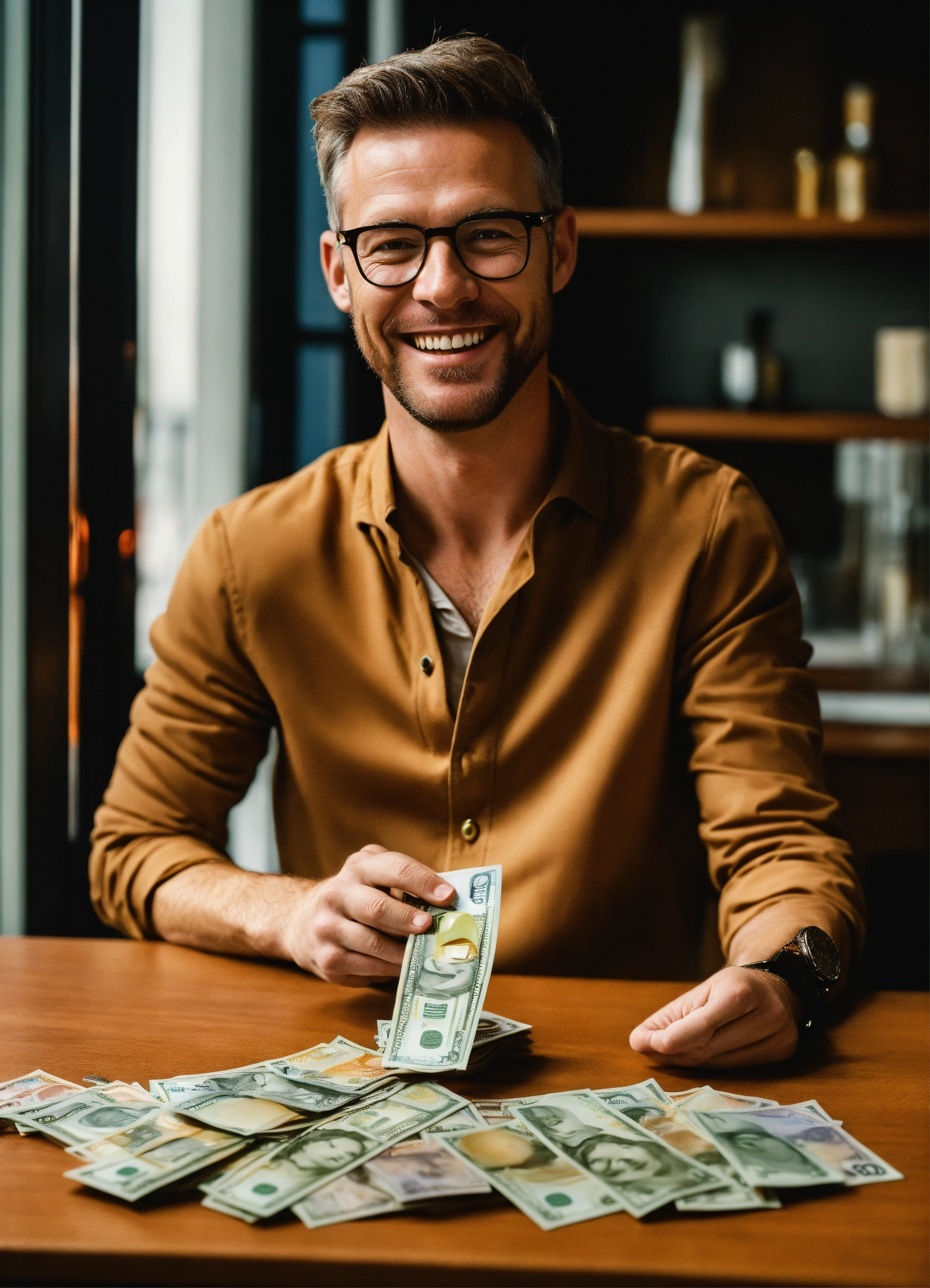 Lexica - A happy and rich white man with banknotes on the table