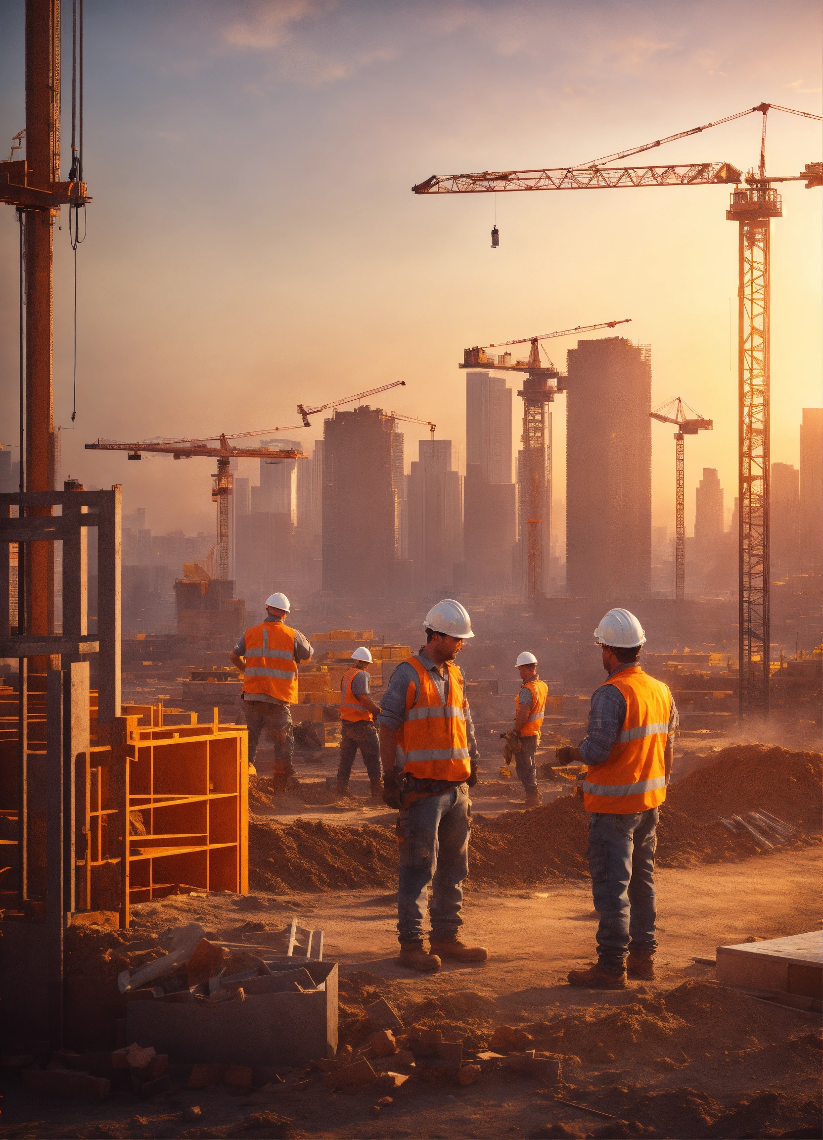 Lexica - Construction workers building a new city, orange skyline in ...