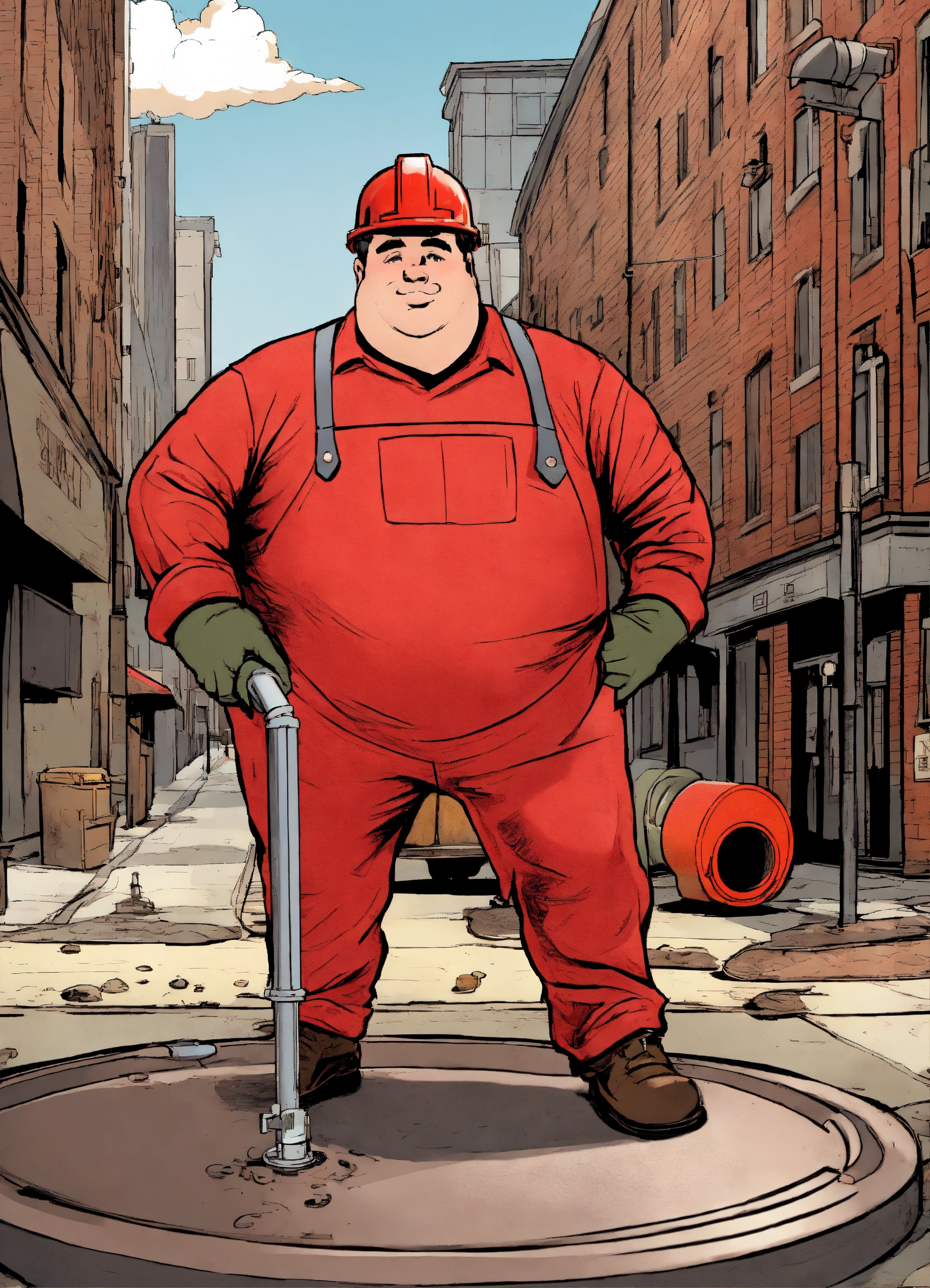 Lexica - A plumper with a red overall outfit and a red hard hat put a ...