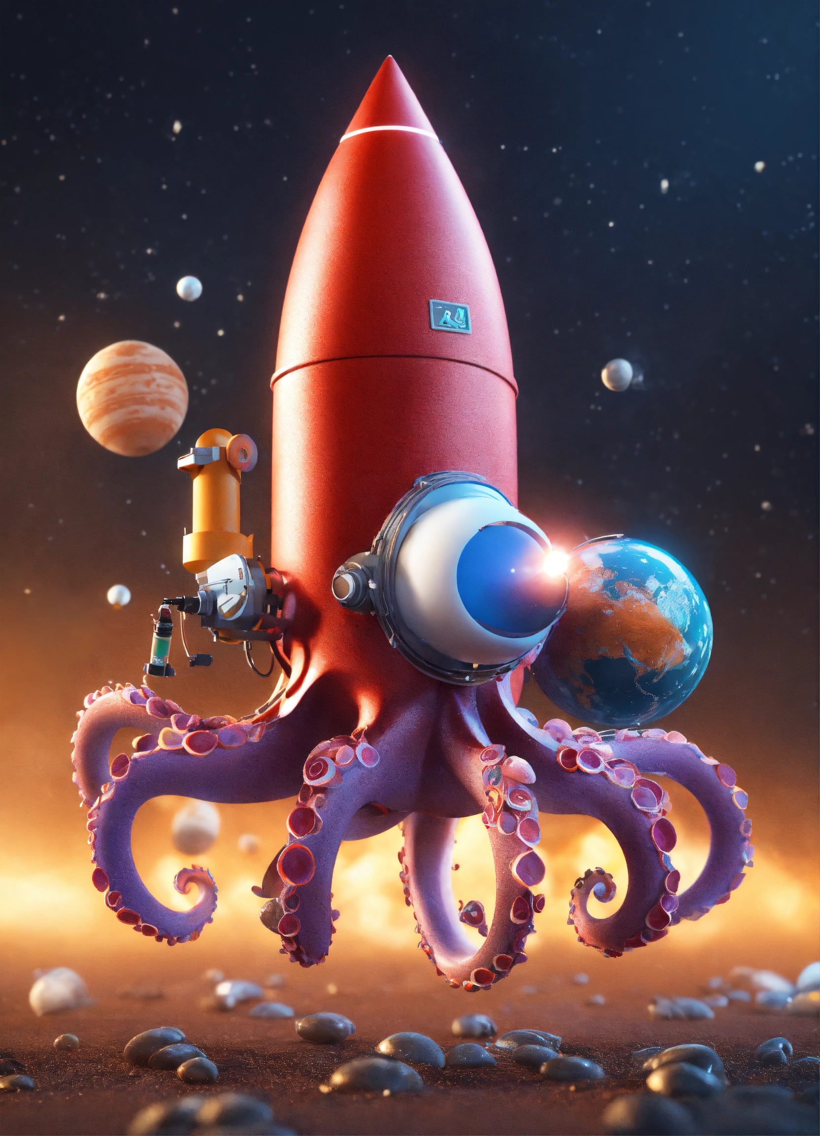 Lexica - An octopus holding a space rocket, 3d blender