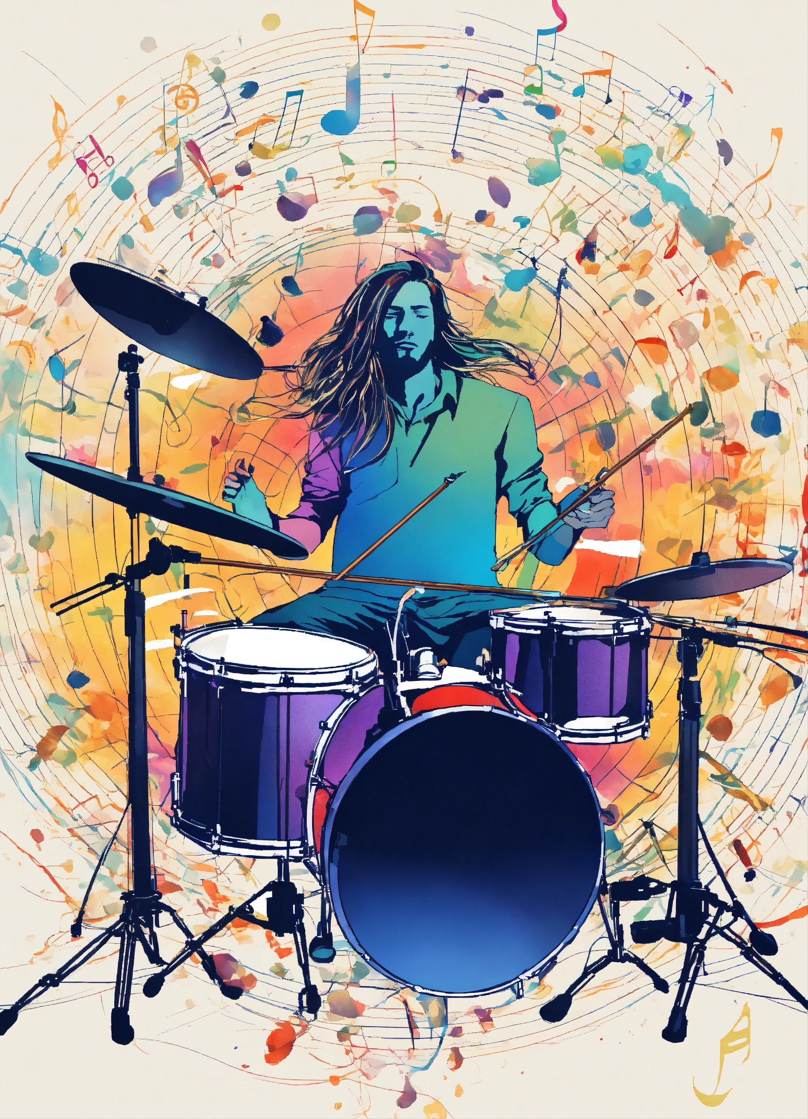 Lexica - View of a drummer with long hair playing music, centered, lots ...