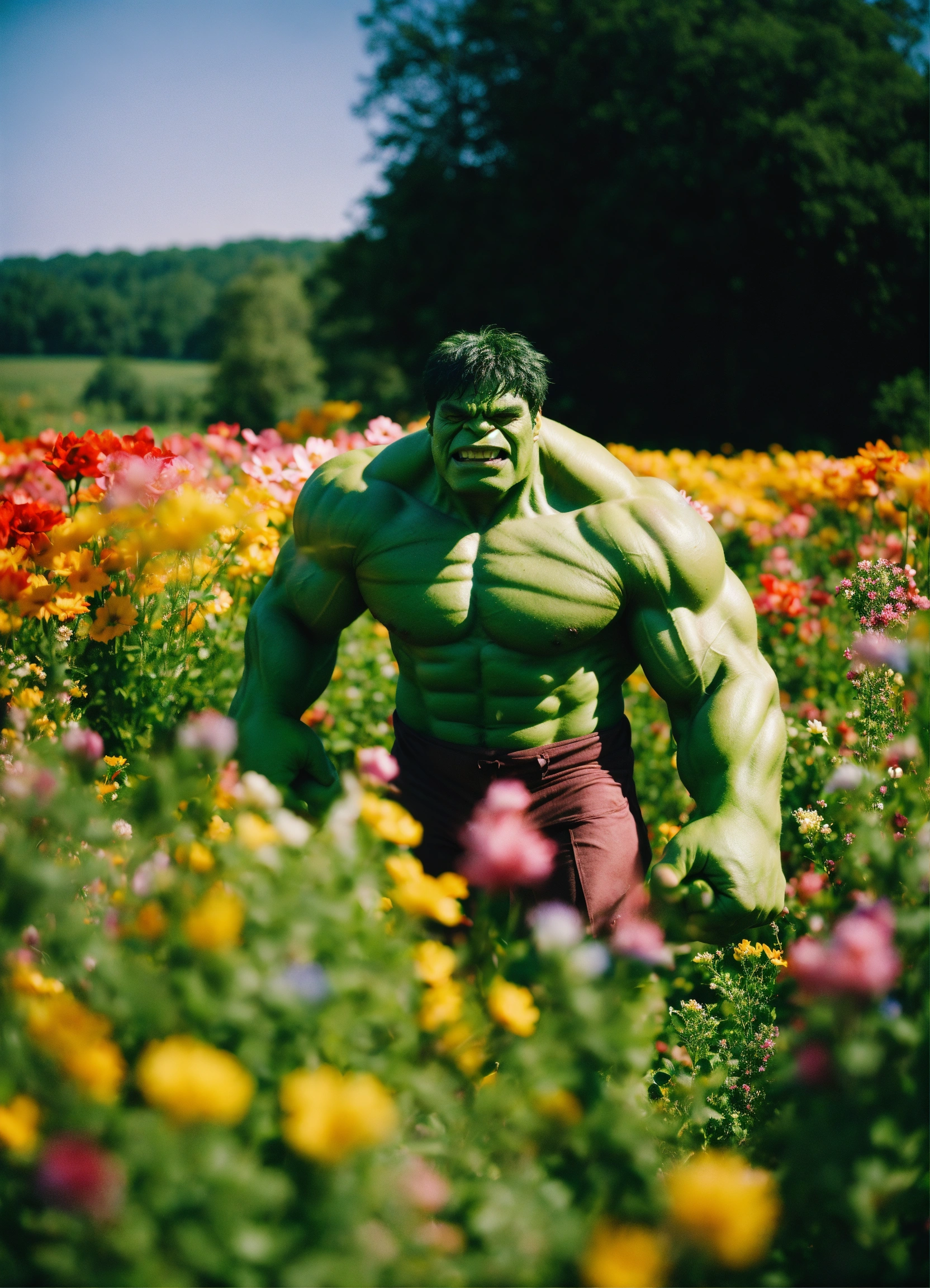 Lexica - Happy Hulk standing in a beautiful field of flowers, colorful ...