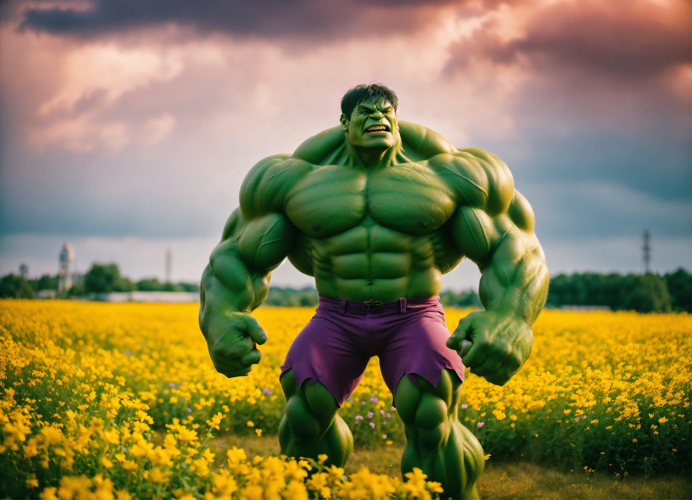 Lexica - Happy Hulk standing in a beautiful field of flowers, colorful ...