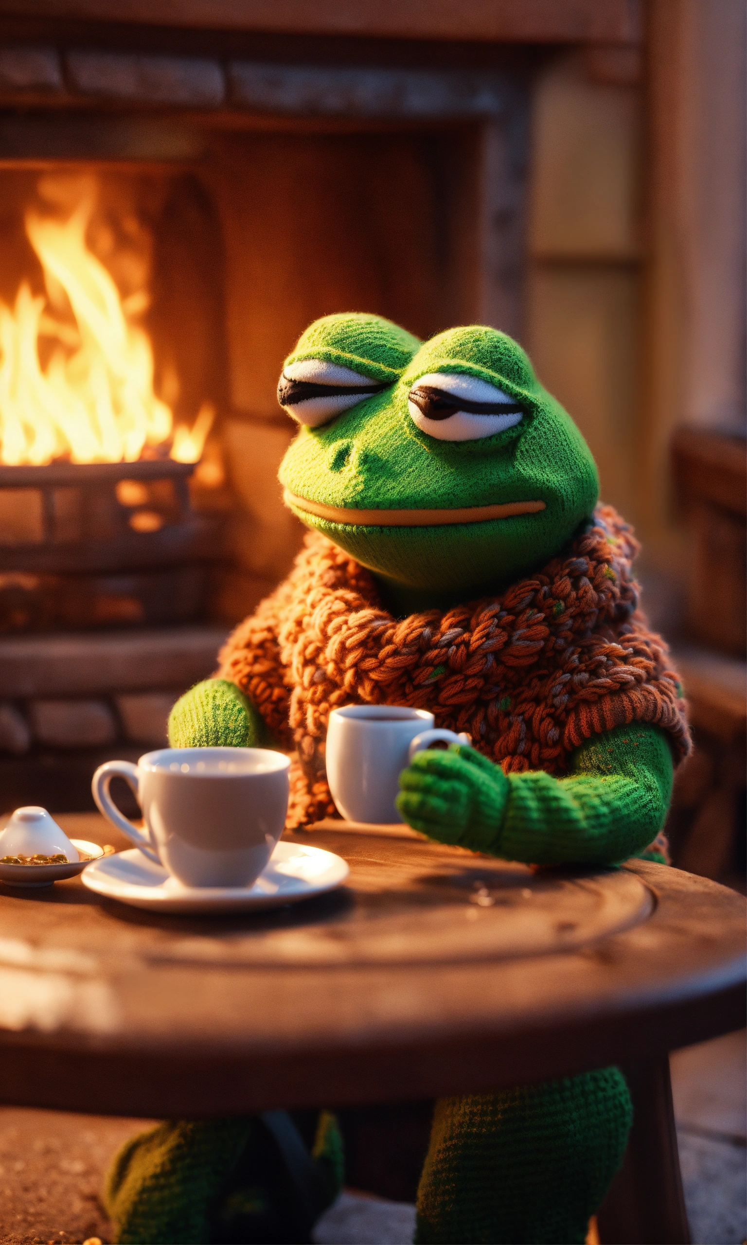 Lexica - A tiny pepe the frog sipping tea wearing a cozy knit sweater ...