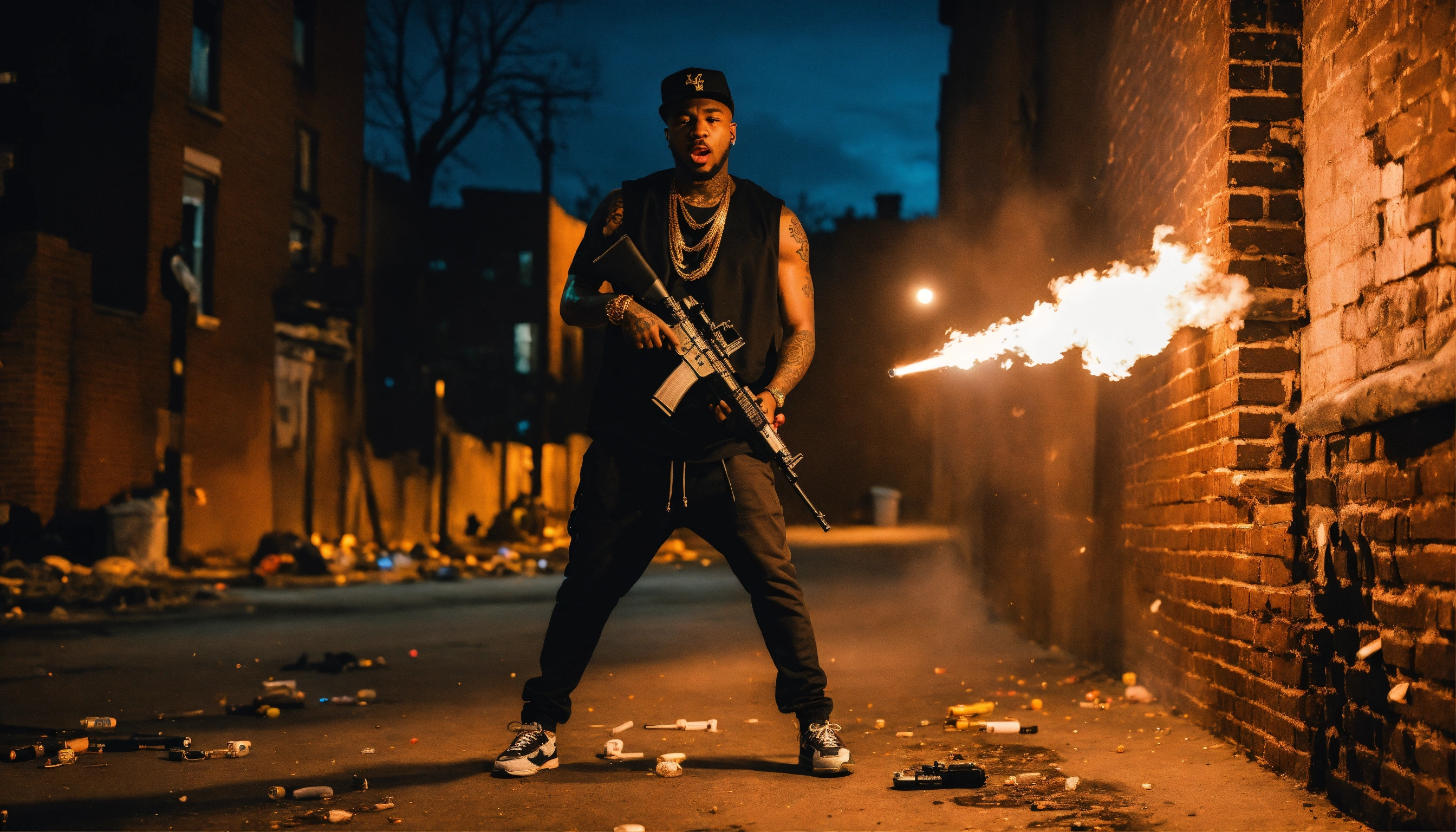 Lexica - Full body shot of rapper "Sheff G" holding a gun shooting fire ...
