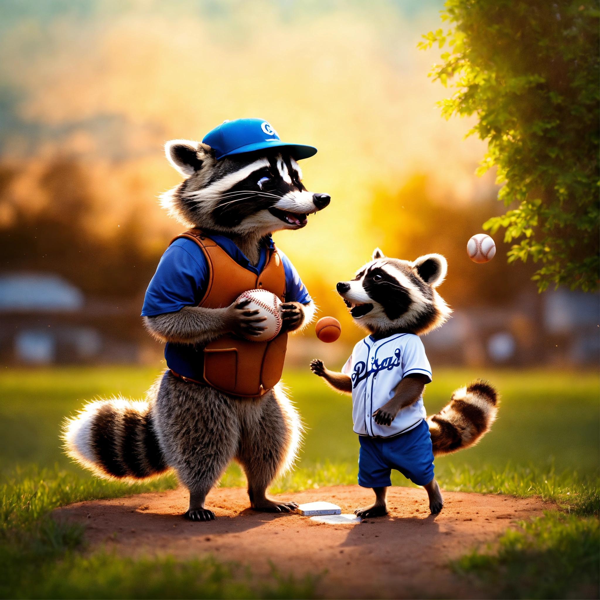 Lexica - A father and son raccoon playing baseball while celebrating ...