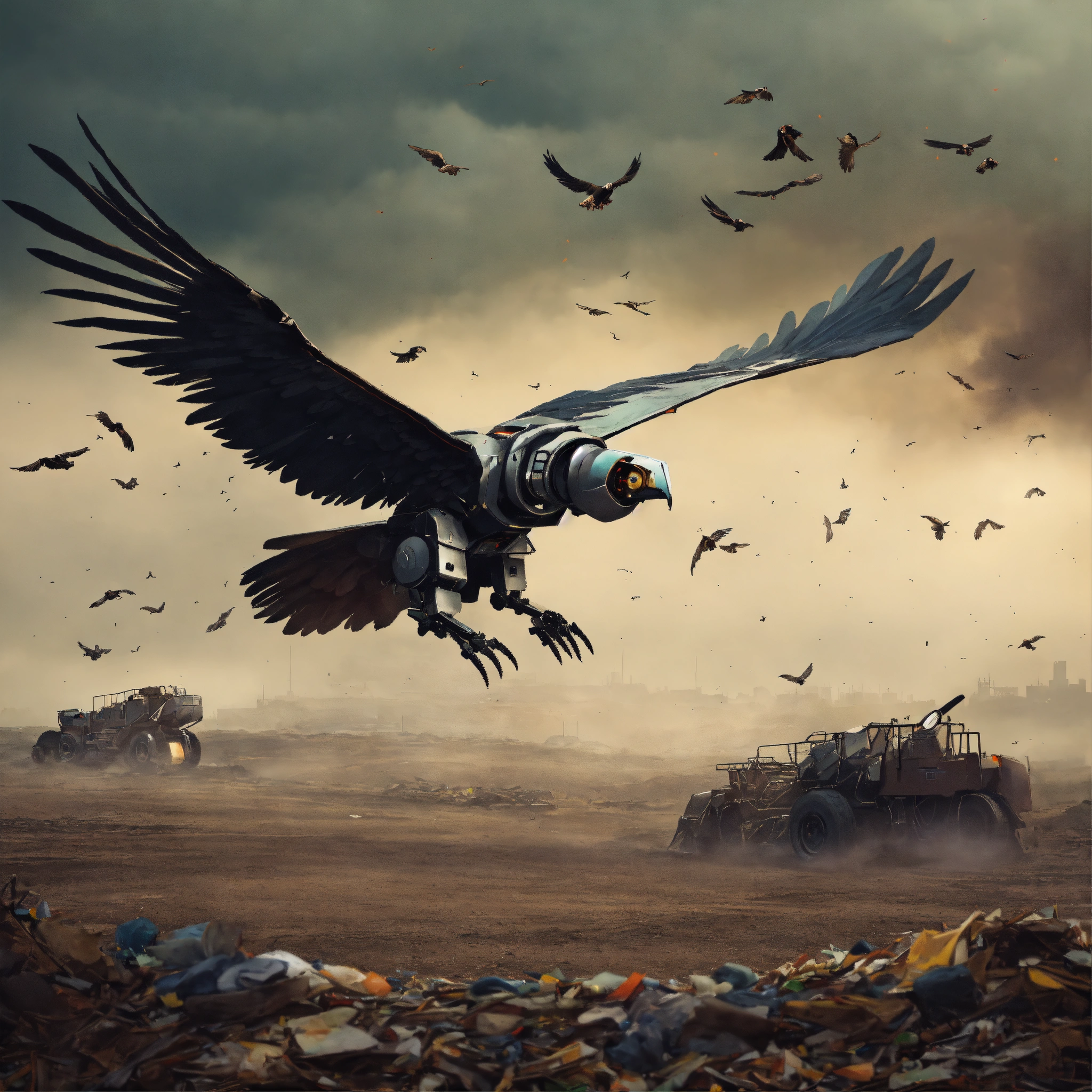 Lexica - Design a gloomy image of robot vultures circling above a ...