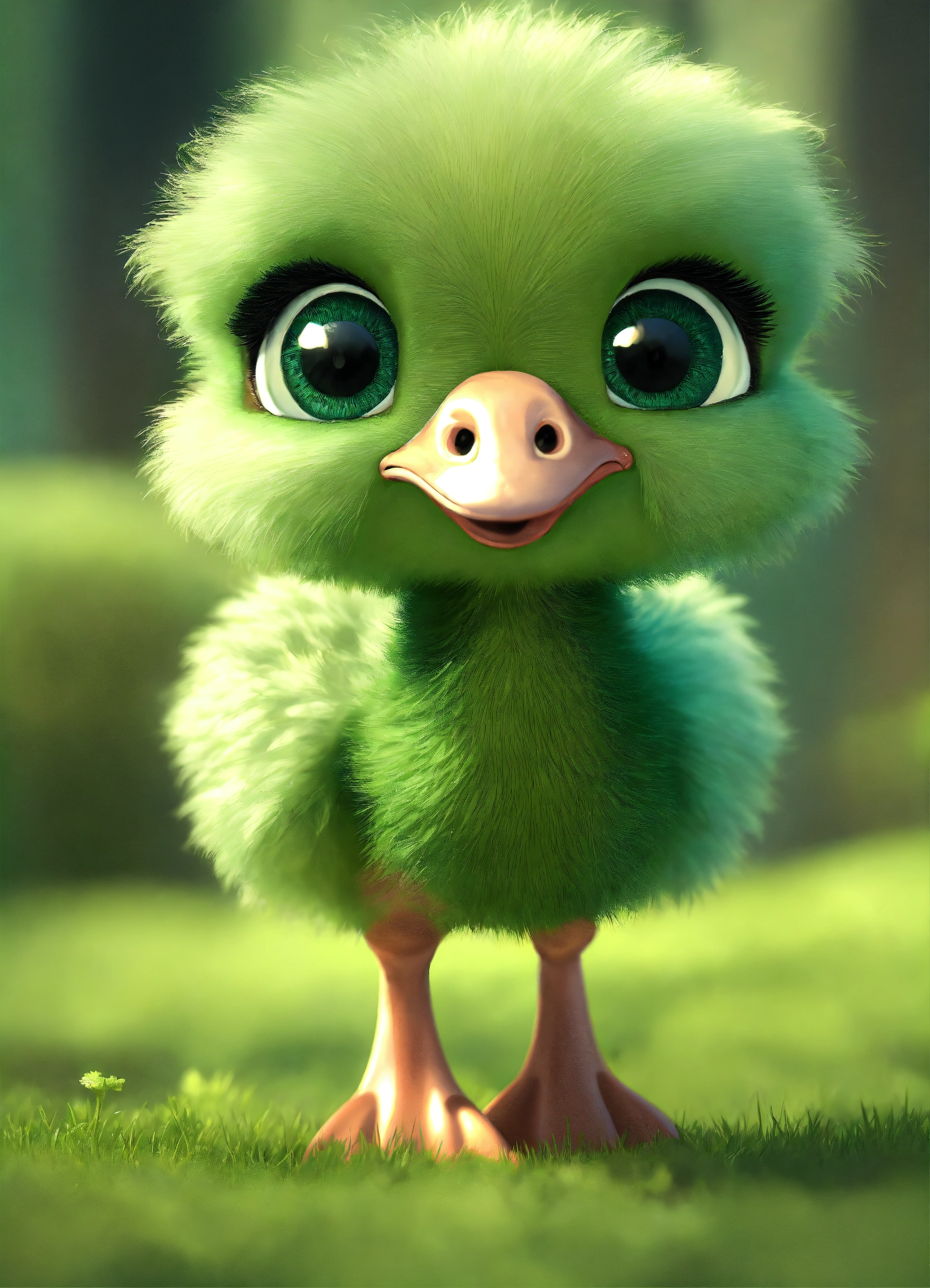 Lexica - A cute all green baby ostrich with big eyes, animated, cartoon ...