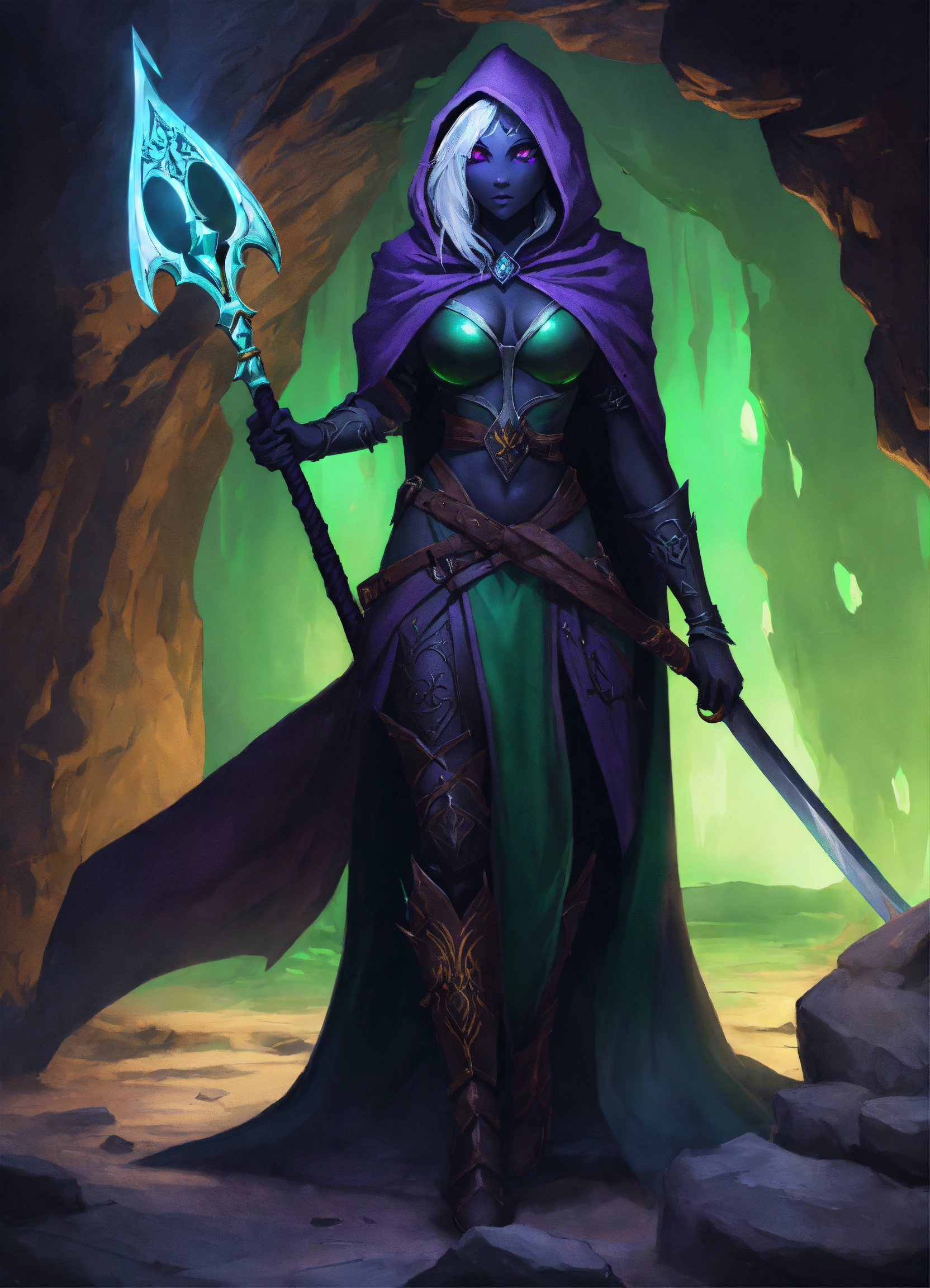 Lexica - Shadow dark female drow, green glowing eyes, with dark purple ...