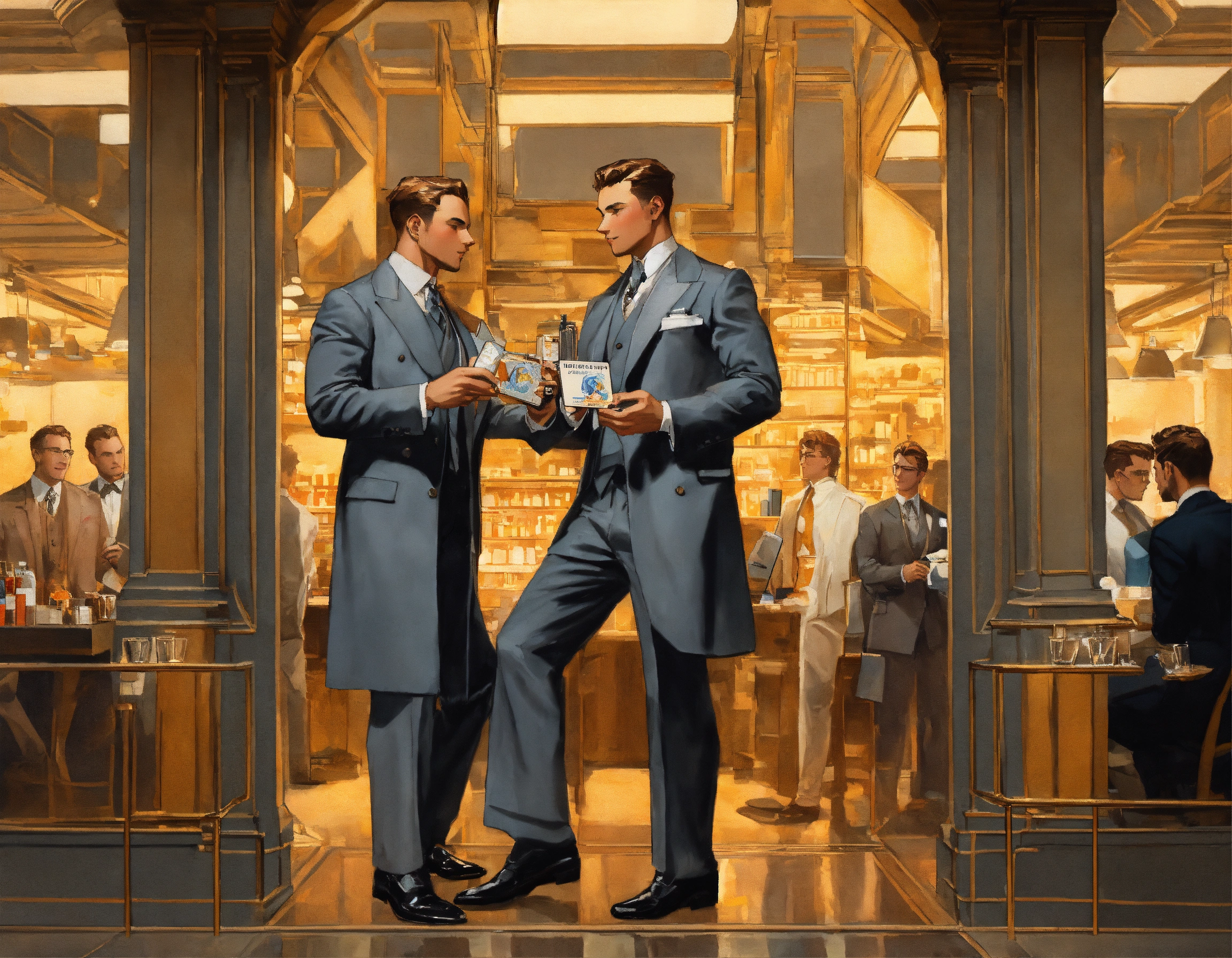 Lexica - Two male traders in grey double breasted suit exchanging their ...