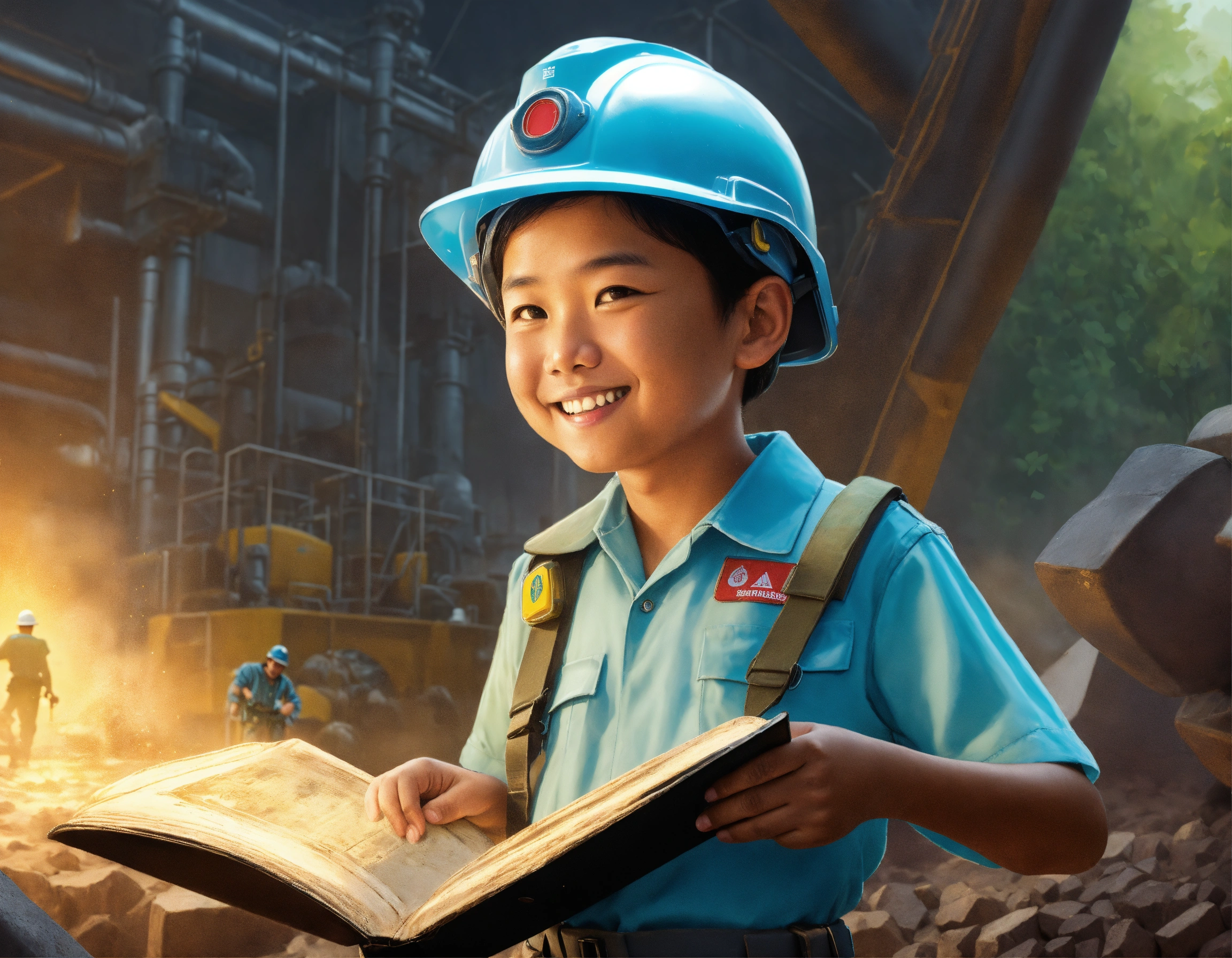 Lexica - Young technical officer wearing light blue engineering uniform, security helmet ...