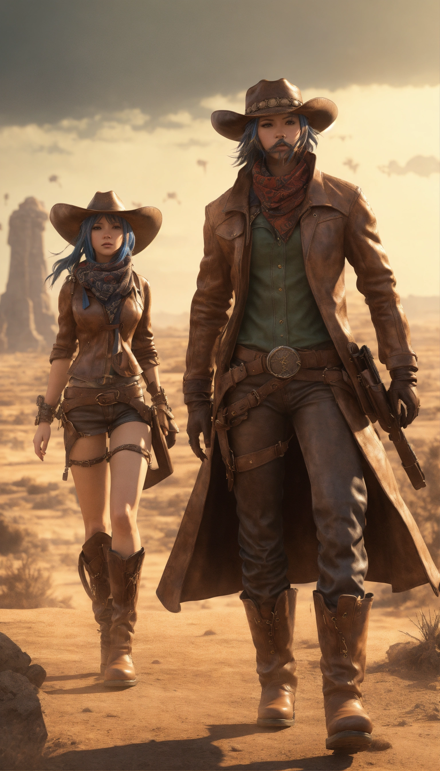 Lexica - Anime art,A outlaw and a cowgirl, dressed in dusty leather ...