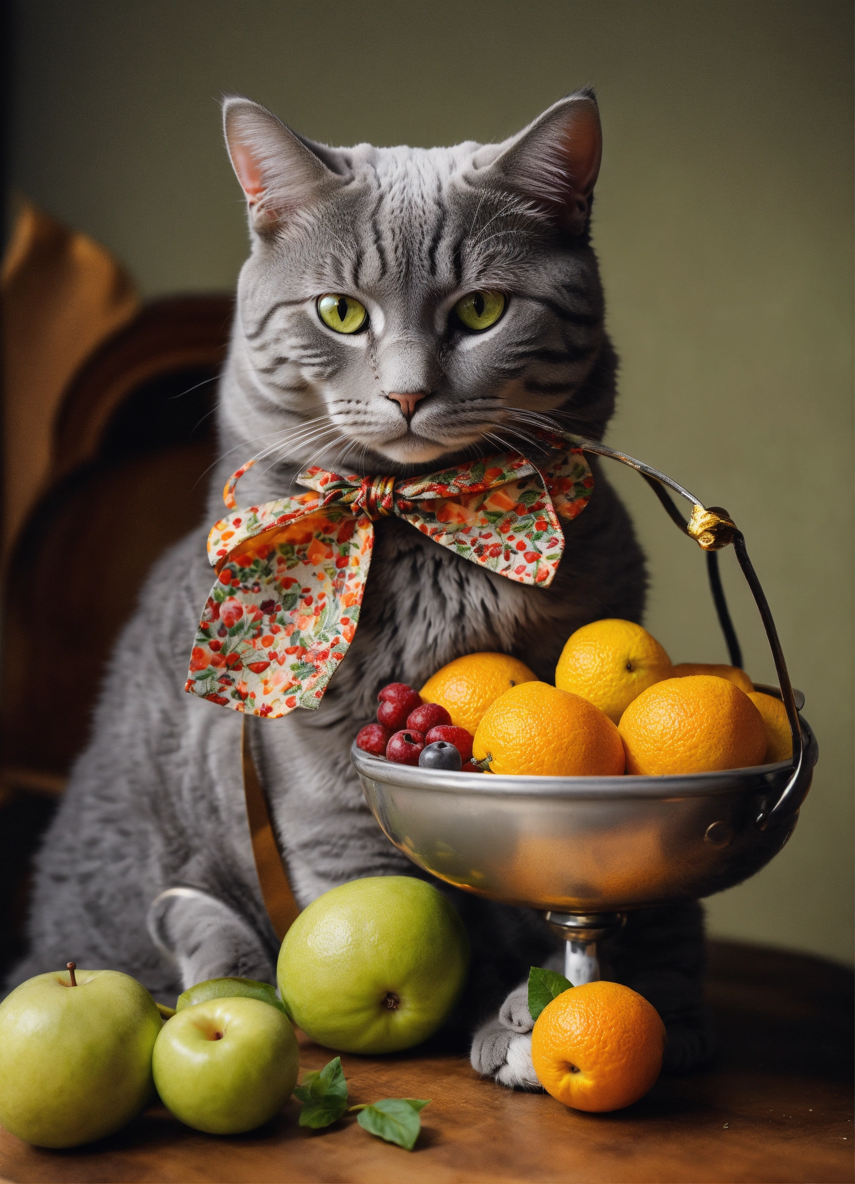 Lexica - A cat cut grey cat holding a bracket full with fruits