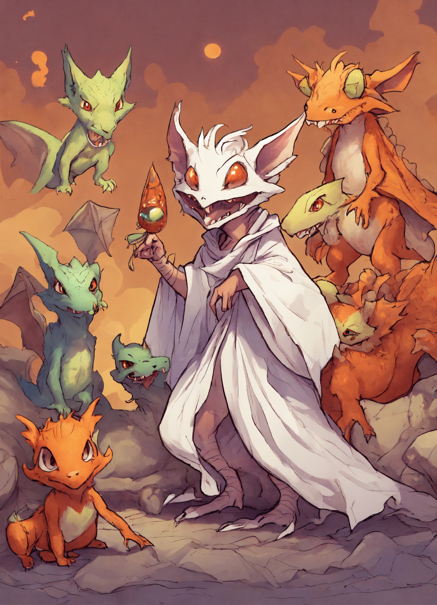 Lexica - A funny, wild, tiny Kobold sorcerer surrounded by much larger ...