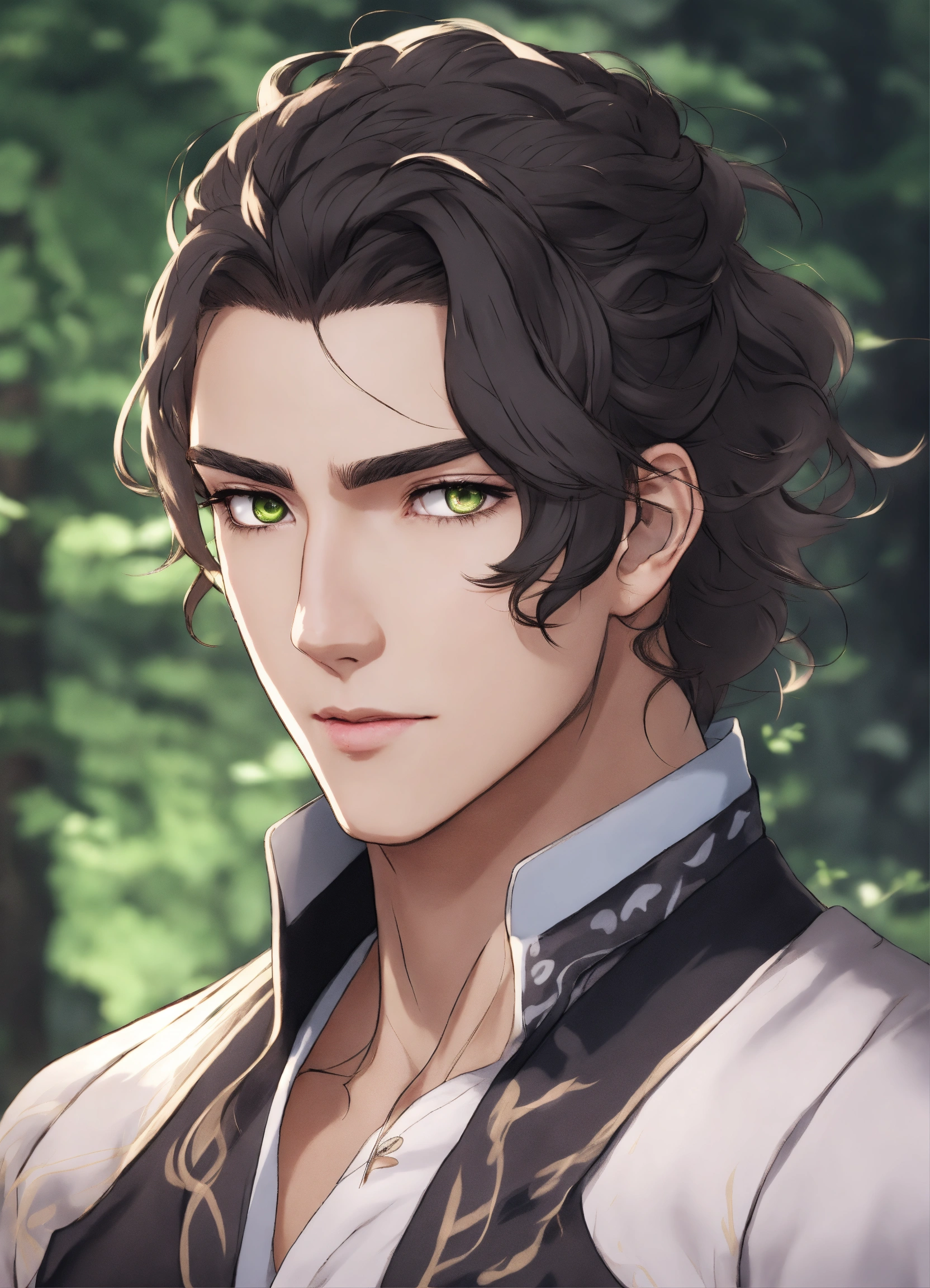 Lexica - Male, 30 years old. Black, curly, shoulder-length hair pulled ...