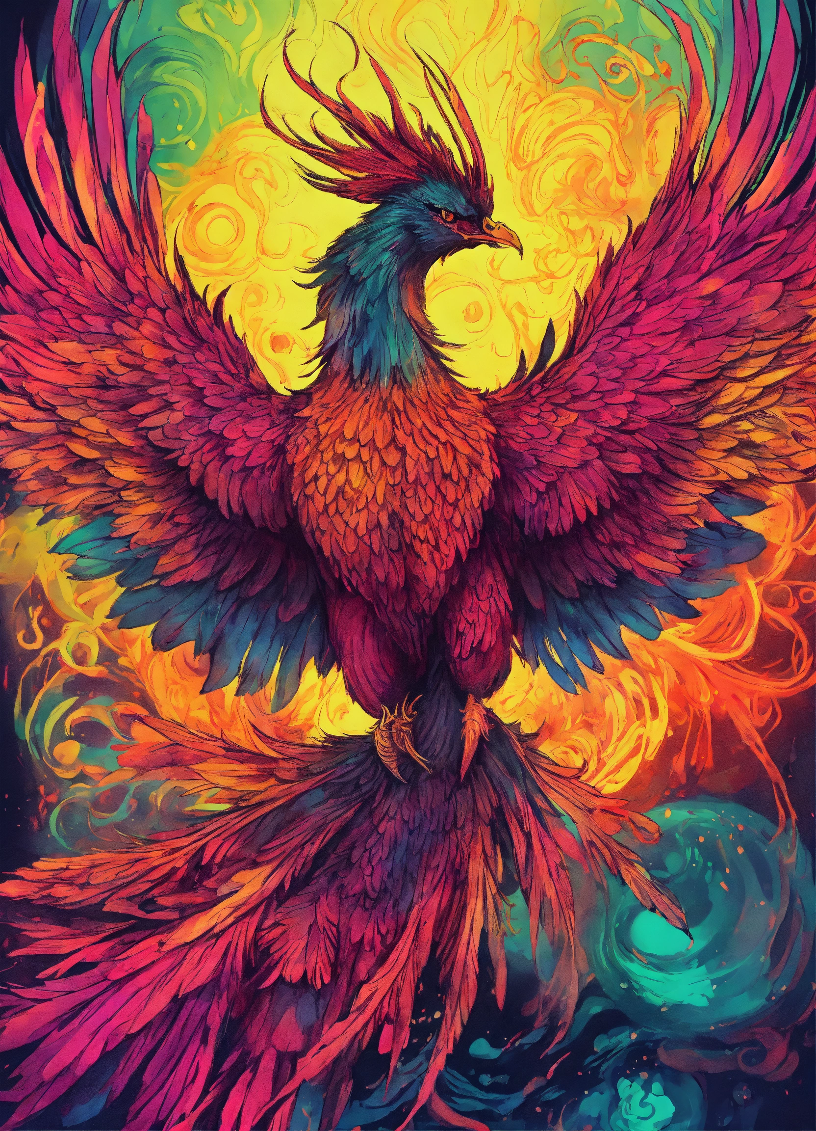 Lexica - INK DRAWING MYSTICAL and magical phoenix in fluo colour blend ...