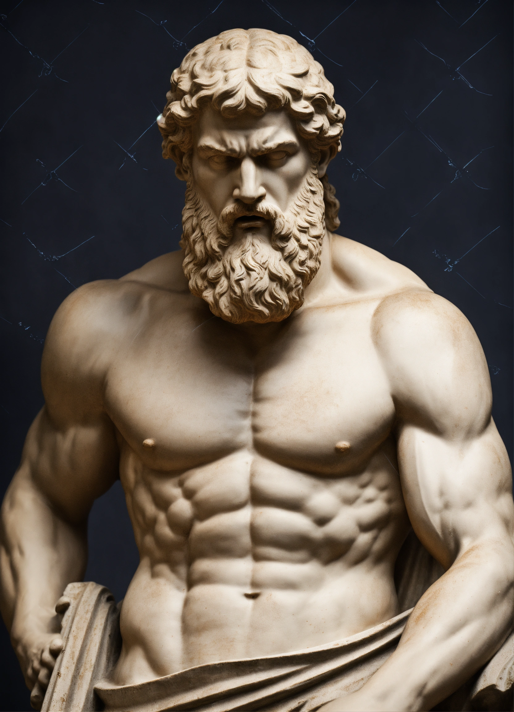 Lexica - Greek statue strong man with beard aggressive expression forward