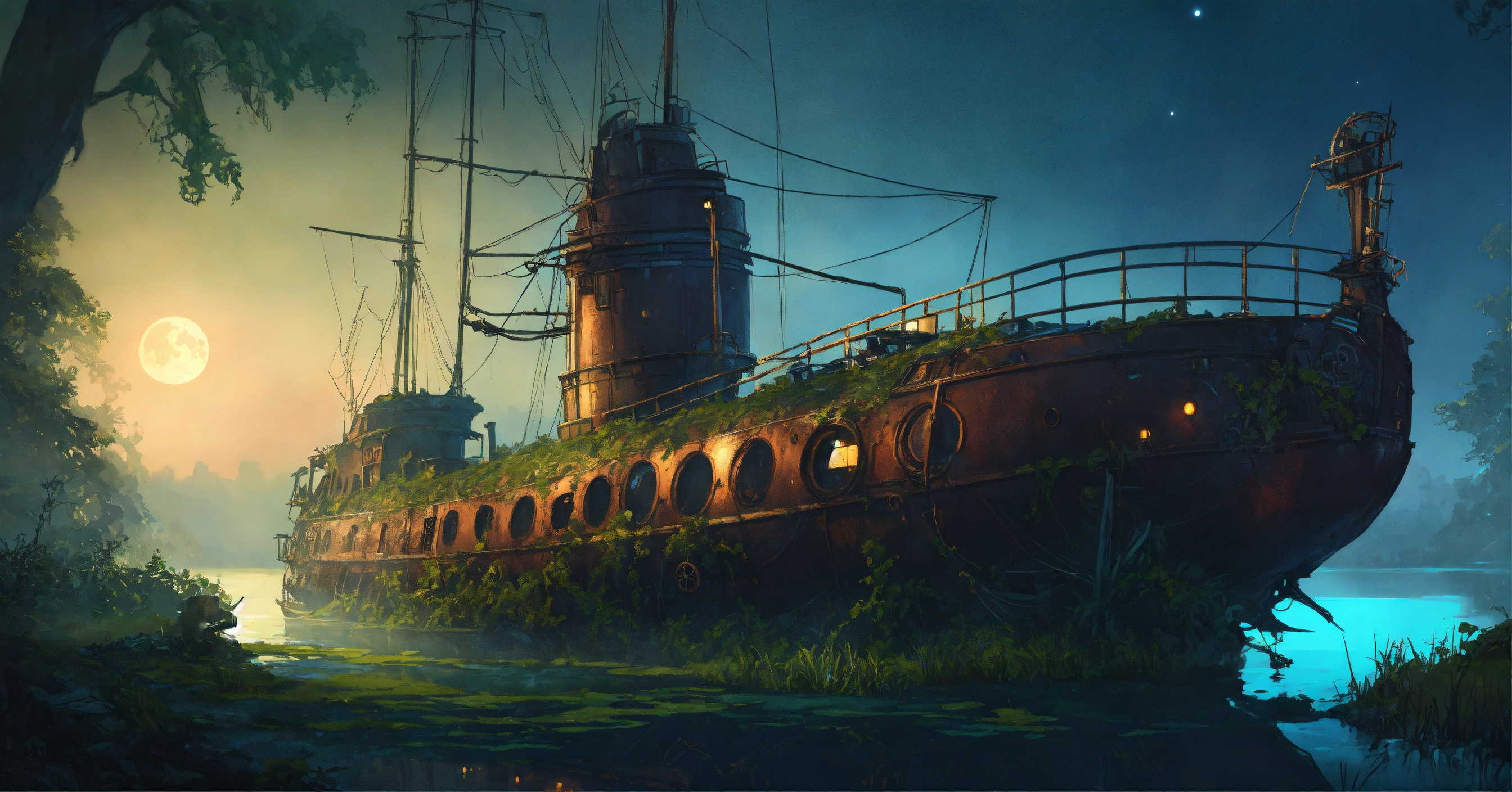 Lexica - Beached overgrown steampunk submarine tilted rusty shipwreck ...