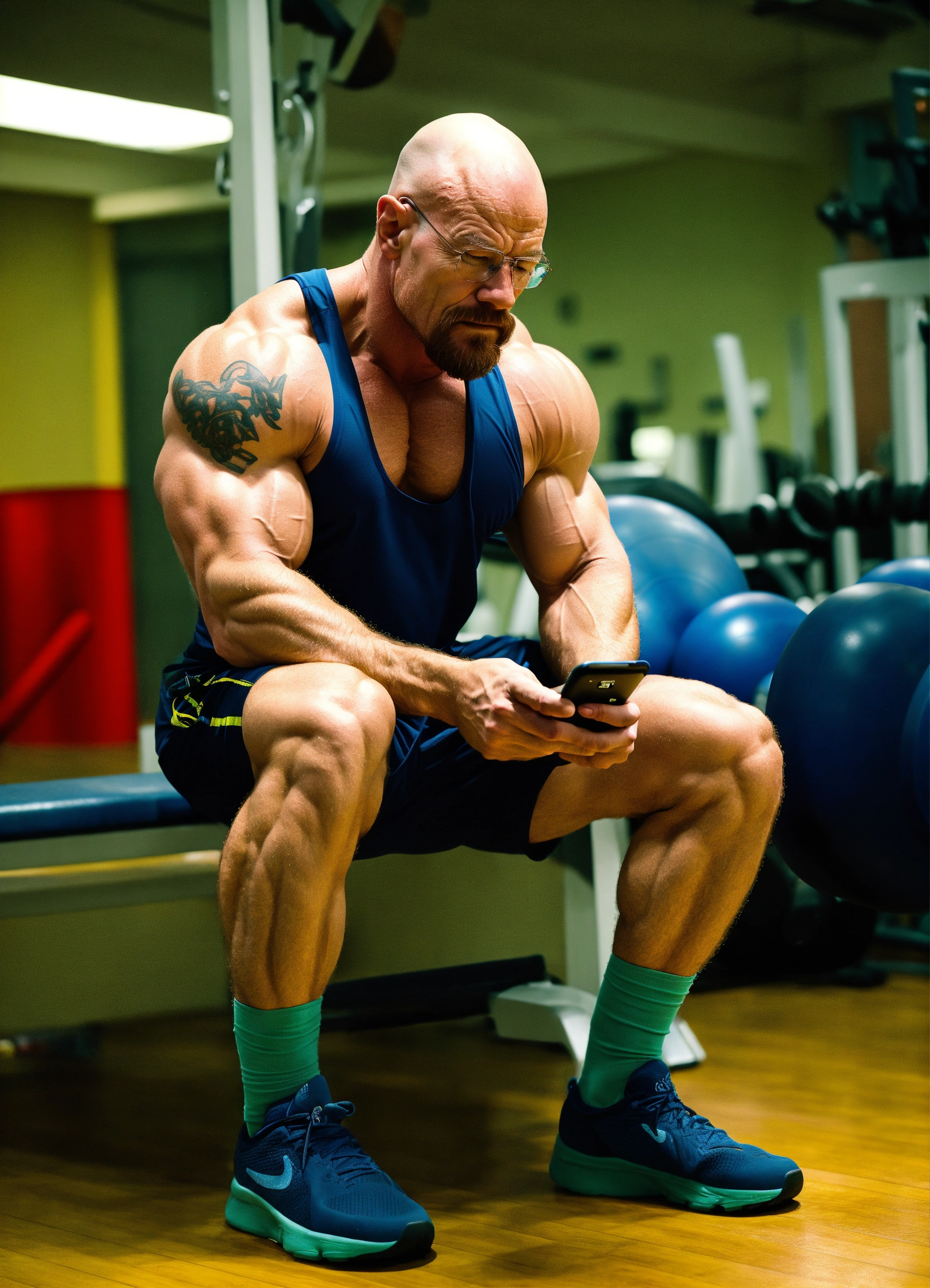Lexica - Bodybuilder Walter White on his phone in the gym