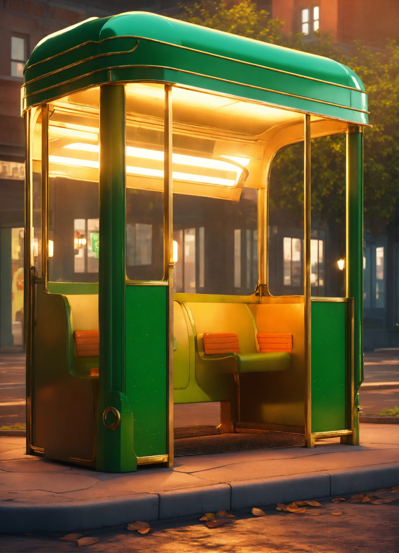Lexica - Retro bus stop in the town, green colors, gold elements ...