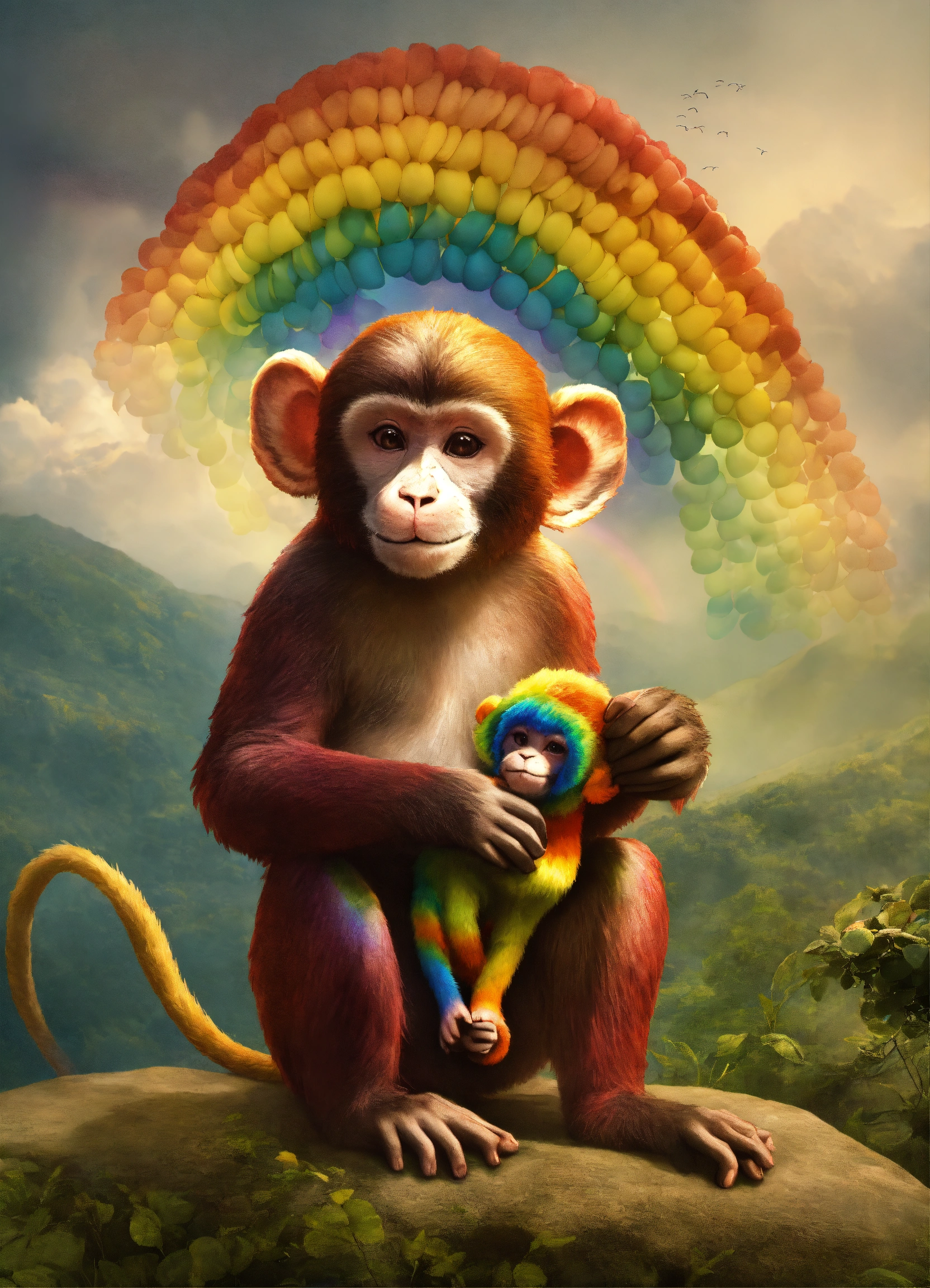Lexica - An anthropomorphic rainbow holding a young monkey