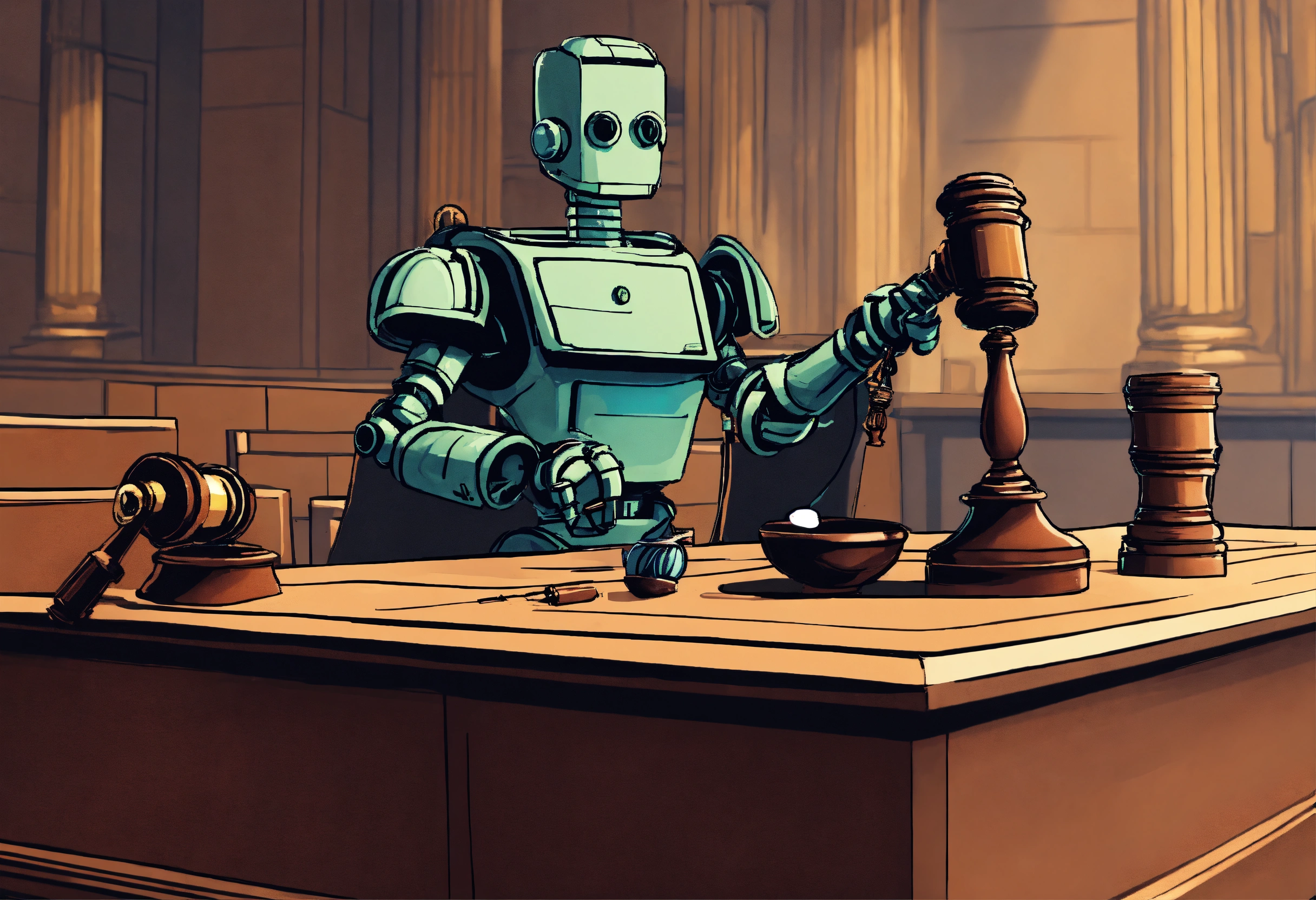 Lexica - Create an image of a robot judge with a gavel at a court bench ...