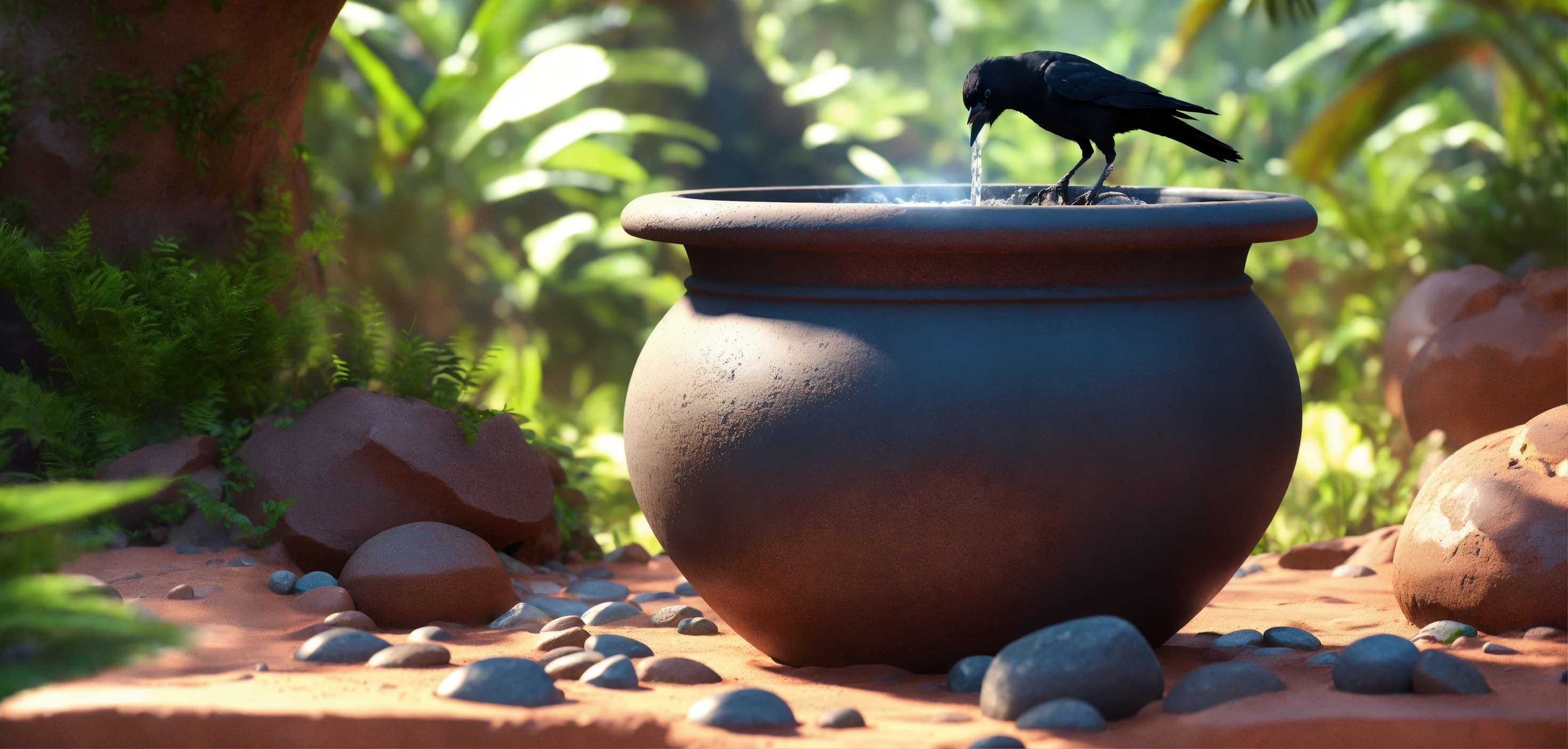Lexica - 3d animation style crow putting stone in big clay pot fill ...