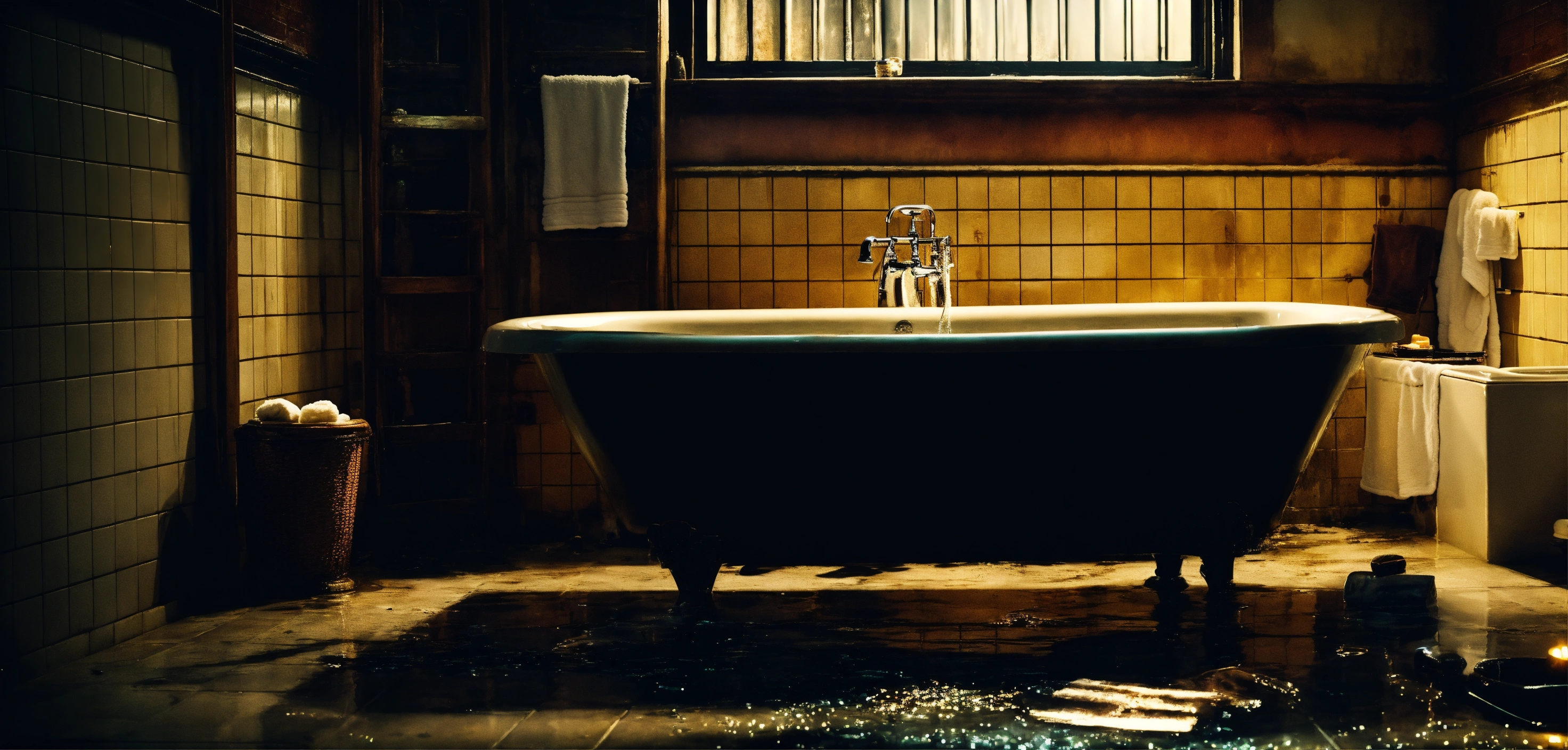 Lexica - Cinematic look, urban dirty bathroom by night bathtub full of ...