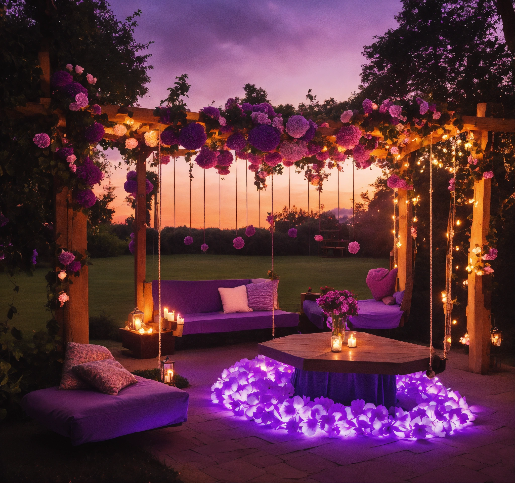 Lexica - Purple sunset room with giant flower swing, led lights in ...