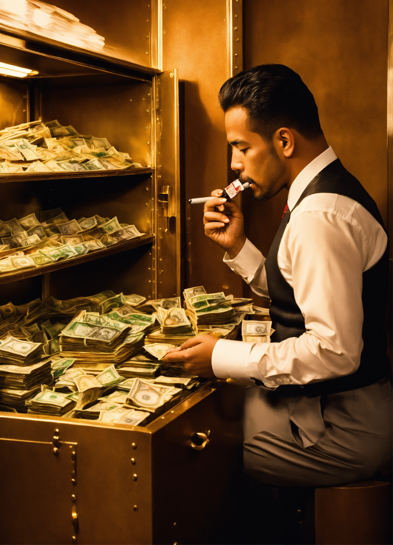 Lexica - Man counting money and smoking cigar inside a bank vault
