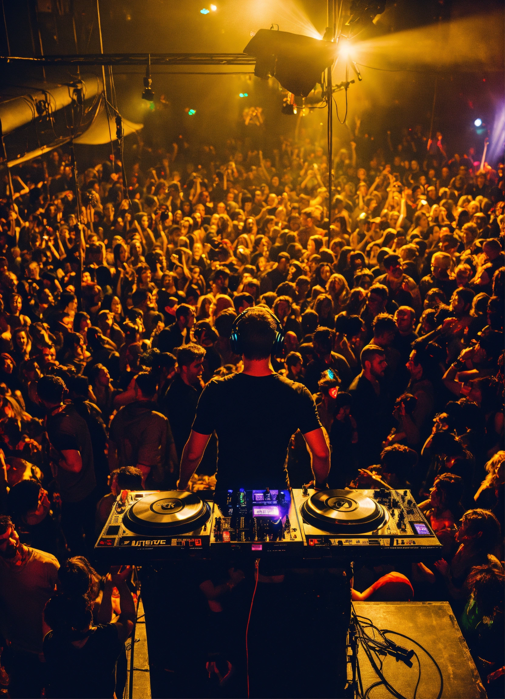 Lexica - A DJ on an elevated stage looking out over a crowded Rave ...
