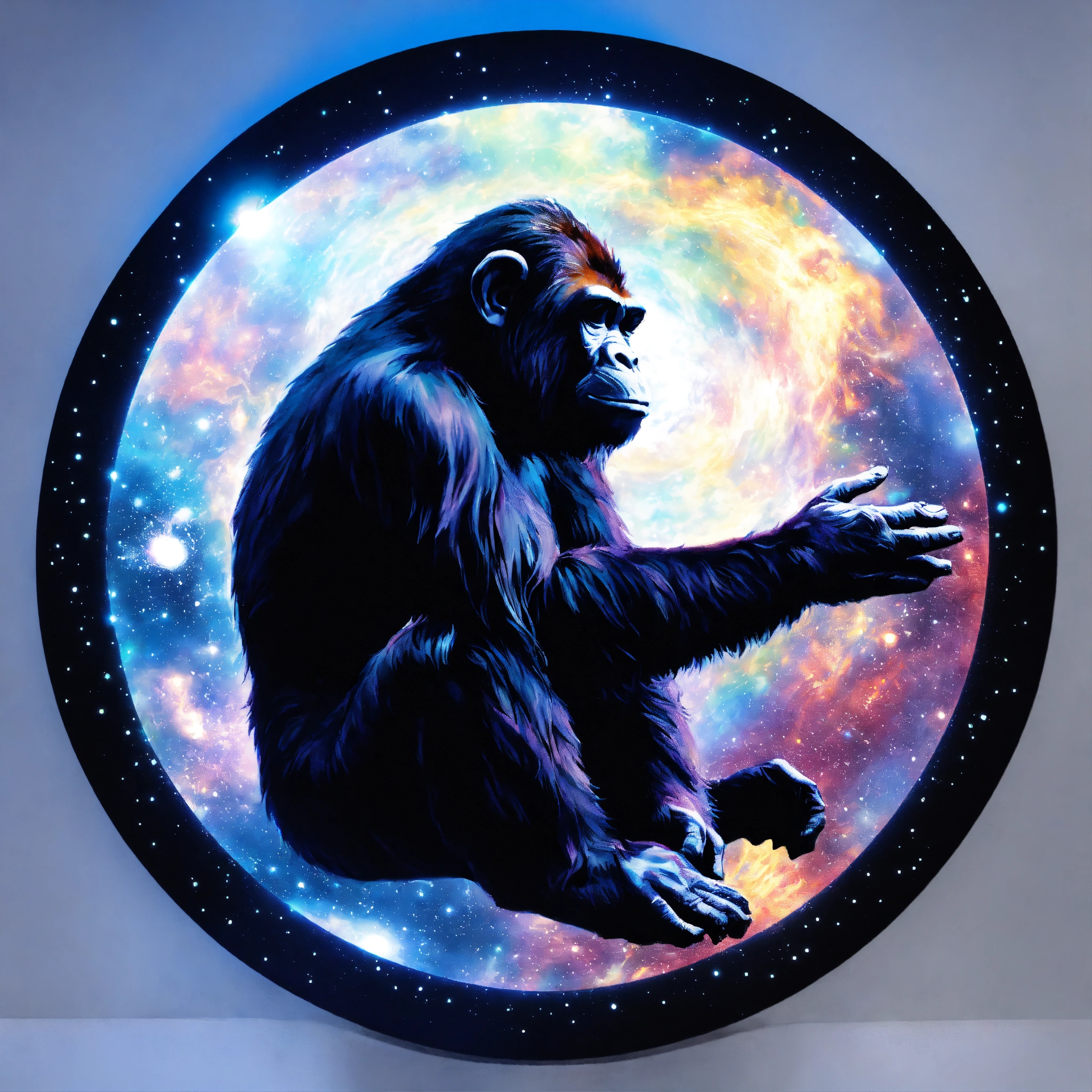 Lexica - Apes praying to a human god in space, in circle image ...